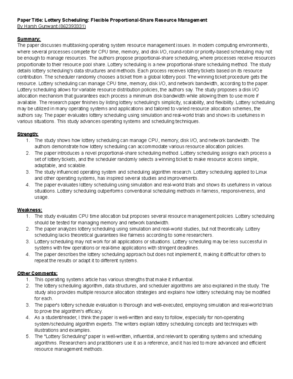 AOS Paper Summary 3 - Paper Title: Lottery Scheduling: Flexible ...