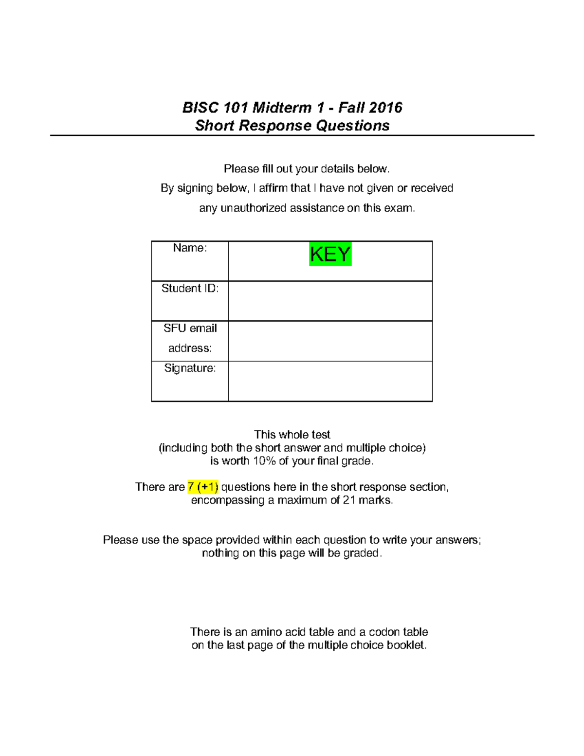 Midterm 1 October 2016, questions and answers - BISC 101 Midterm 1 ...