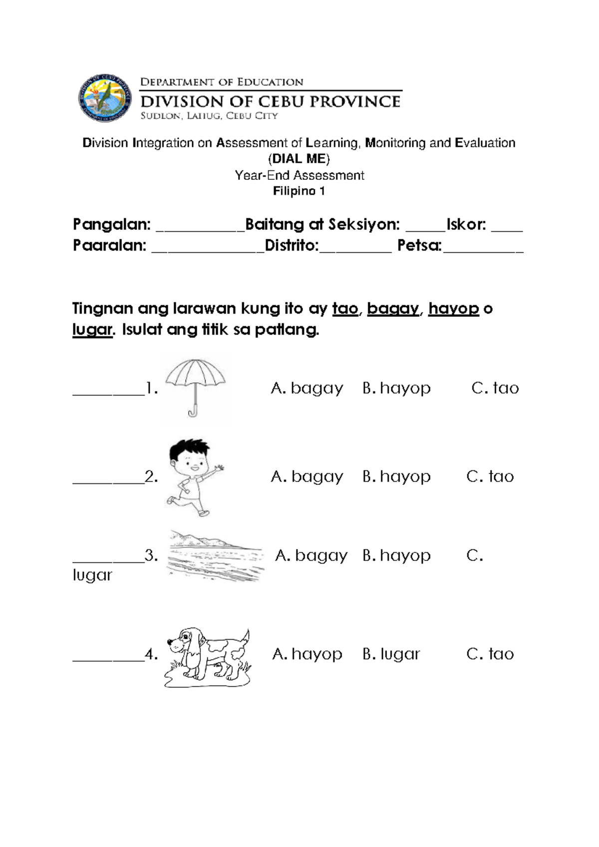 DIAL ME Filipino 1 1 - Division Integration on Assessment of Learning ...