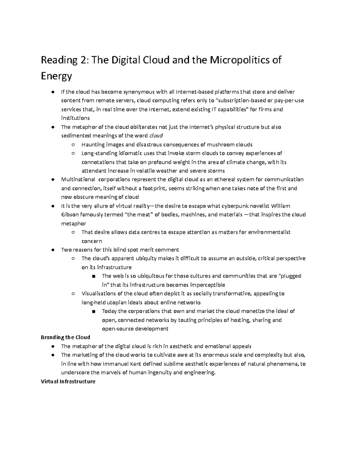Cmn601 reading 2 notes - Reading 2: The Digital Cloud and the ...