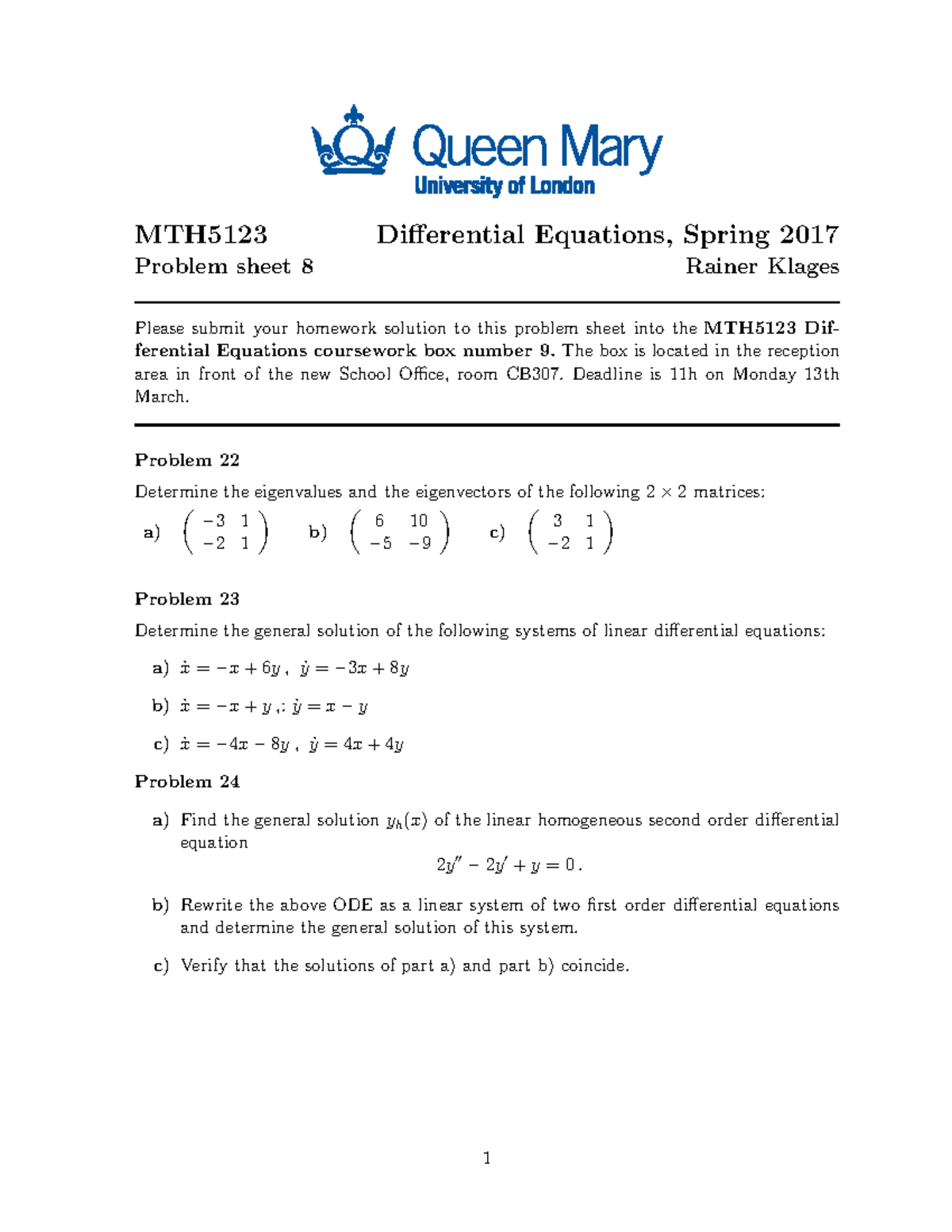 MTH5123 2016-2017 Coursework 8 - MTH5123 Differential Equations, Spring ...