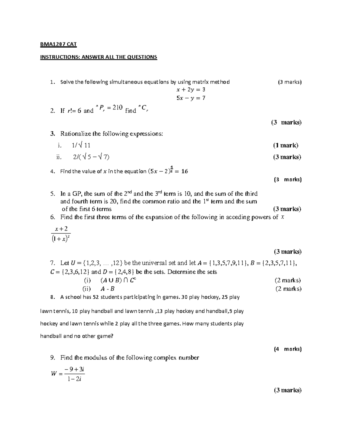 BMA1207 CAT - BMA1207 CAT INSTRUCTIONS: ANSWER ALL THE QUESTIONS 1 ...