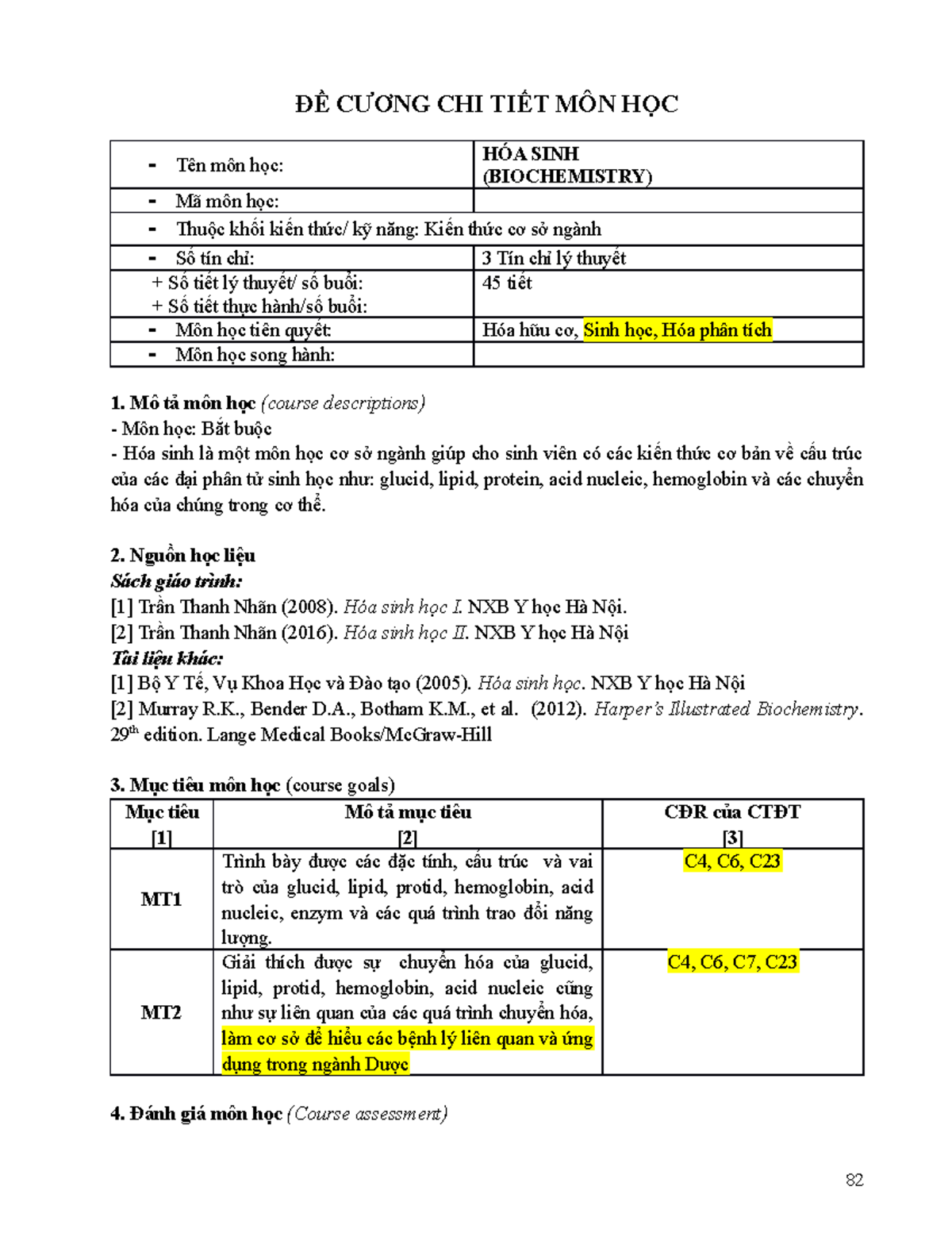 De cuong chi tiet Mon Hoa sinh (Lý thuyết) - ĐỀ CƯƠNG CHI TIẾT MÔN HỌC ...
