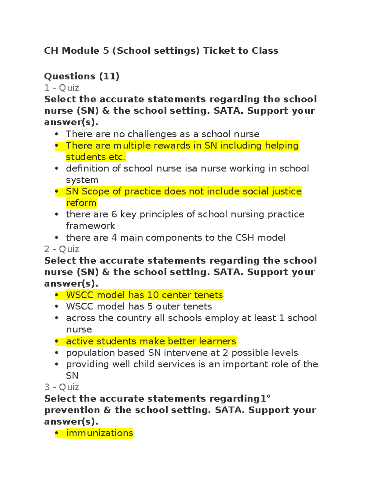 Module 5 KEY School - ticket to class - CH Module 5 (School settings) Ticket to Class Questions ...