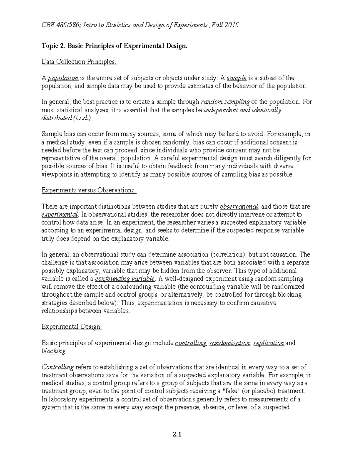 Topic 2 F16 - Basic Expt Design - CBE 486/586; Intro to Statistics and Design of Experiments ...