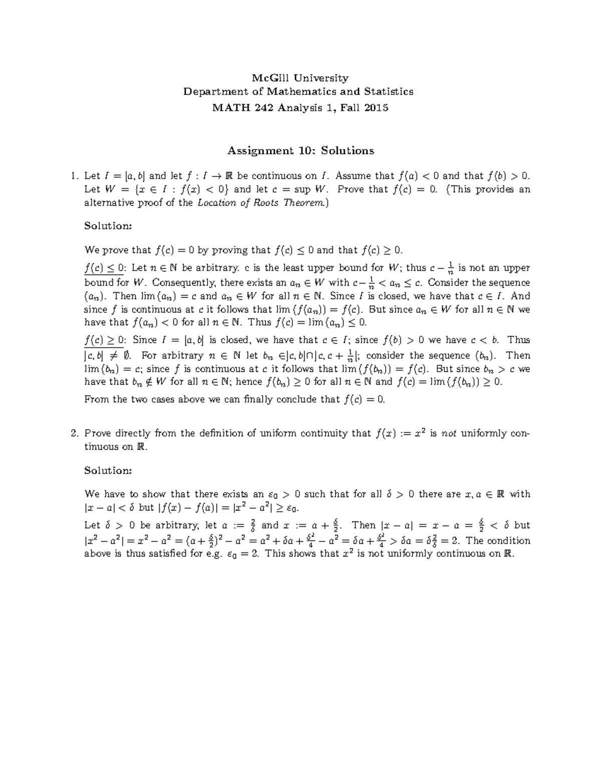 Seminar assignments - assignment 10 solutions - McGill University Department of Mathematics and ...