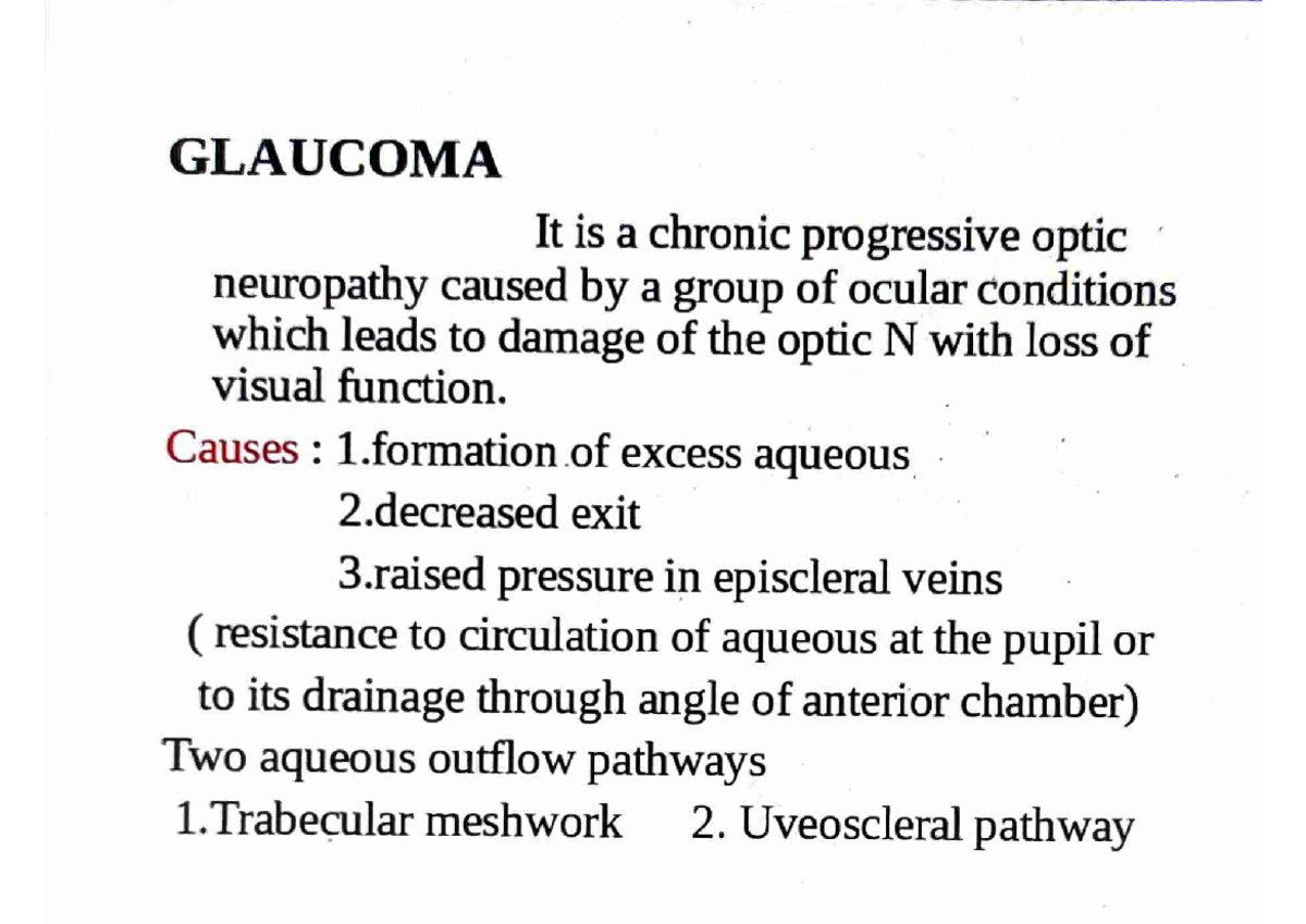 Glaucoma detailed note 1 - internal medicine - Studocu