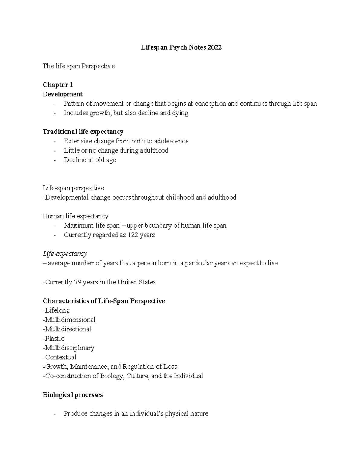 Life span notes chapter 1 - Lifespan Psych Notes 2022 The life span ...
