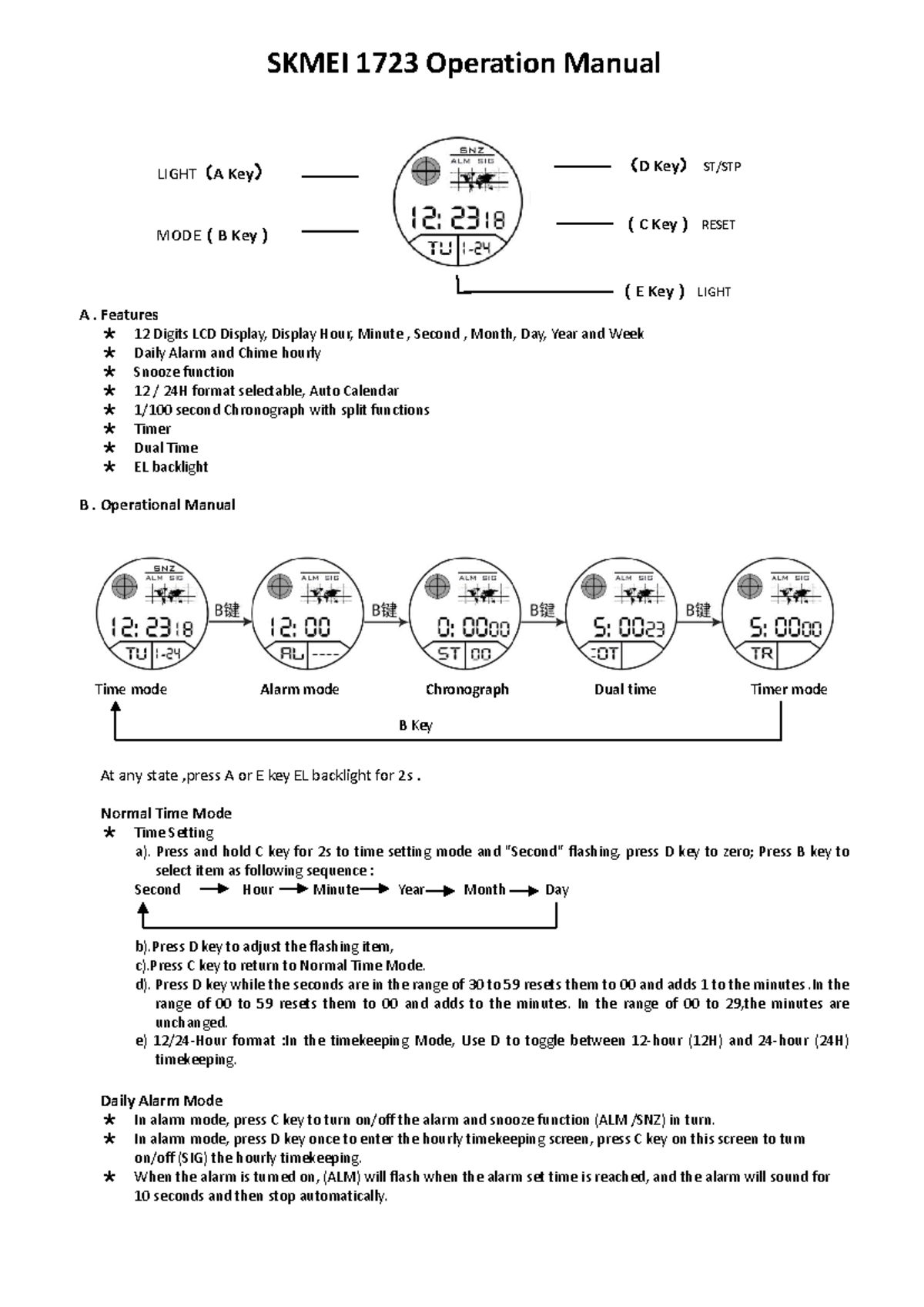 Digital time Watch 1723 - SKMEI 1723 Operation Manual A. Features 12 ...