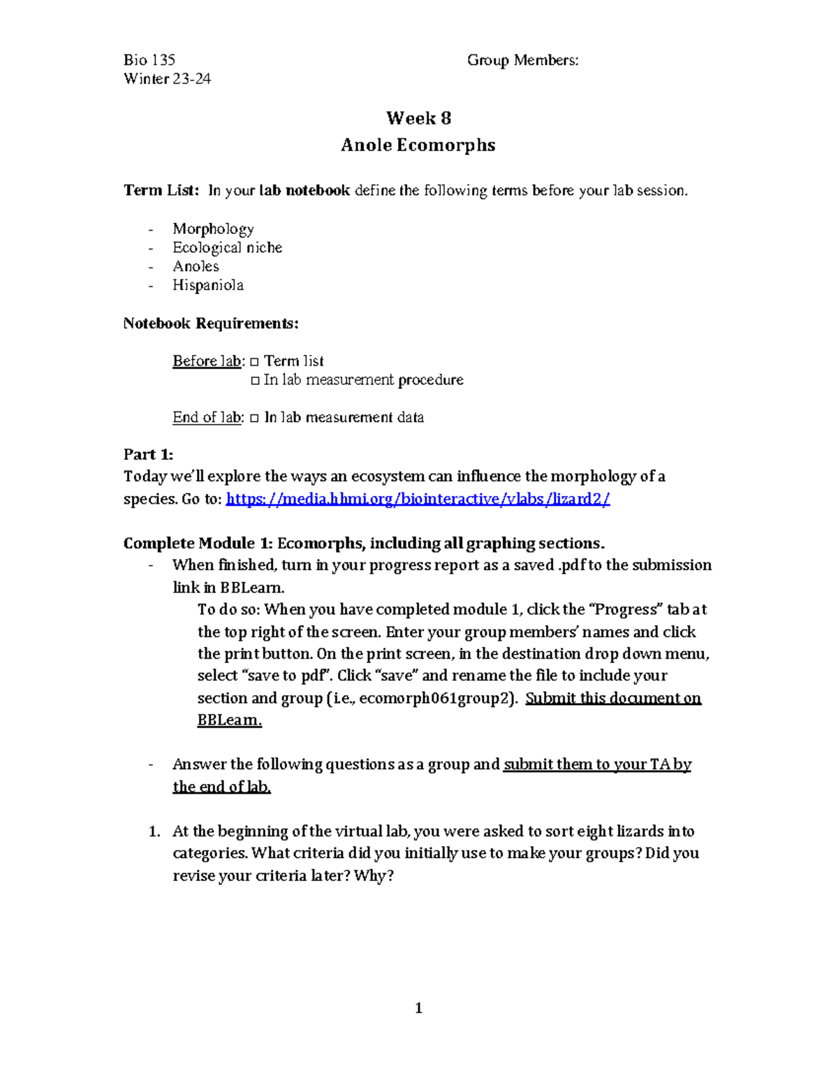 Bio 135 Anole Ecomorphs Activity W 24 - Winter 23- Week 8 Anole ...