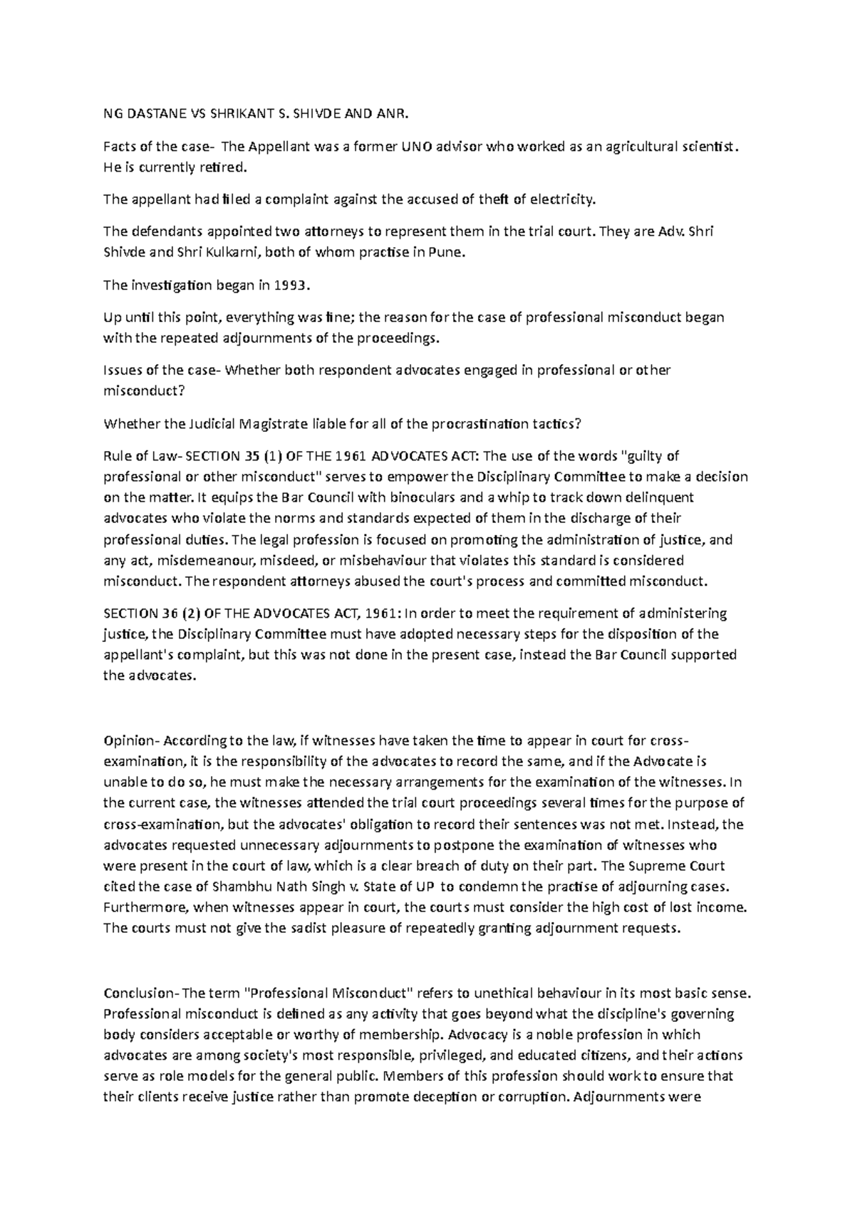Ethics in Shinde case - NG DASTANE VS SHRIKANT S. SHIVDE AND ANR. Facts ...