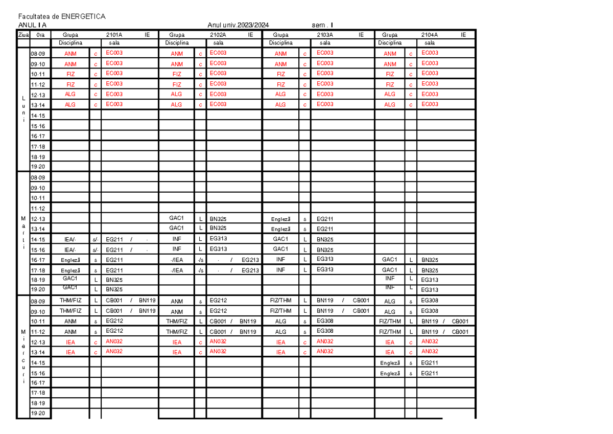 Orar Poli - Facultatea de ENERGETICĂ ANUL I A Anul univ/2024 sem. I ...