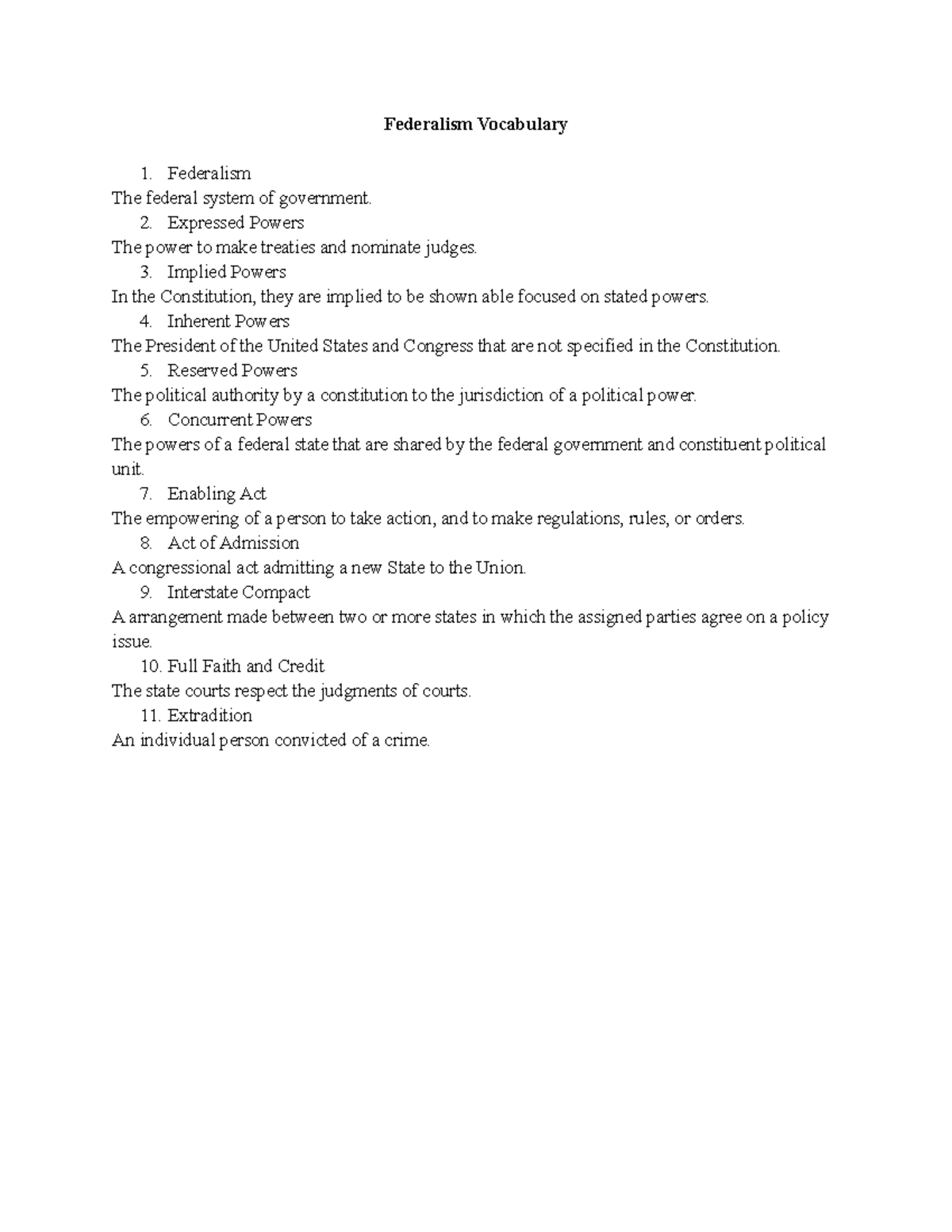 Federalism Vocabulary - Federalism Vocabulary Federalism The federal ...