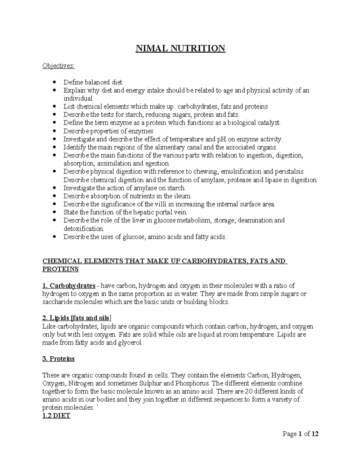 Animal Nutrition SDA Edited - NIMAL NUTRITION Objectives: Define ...