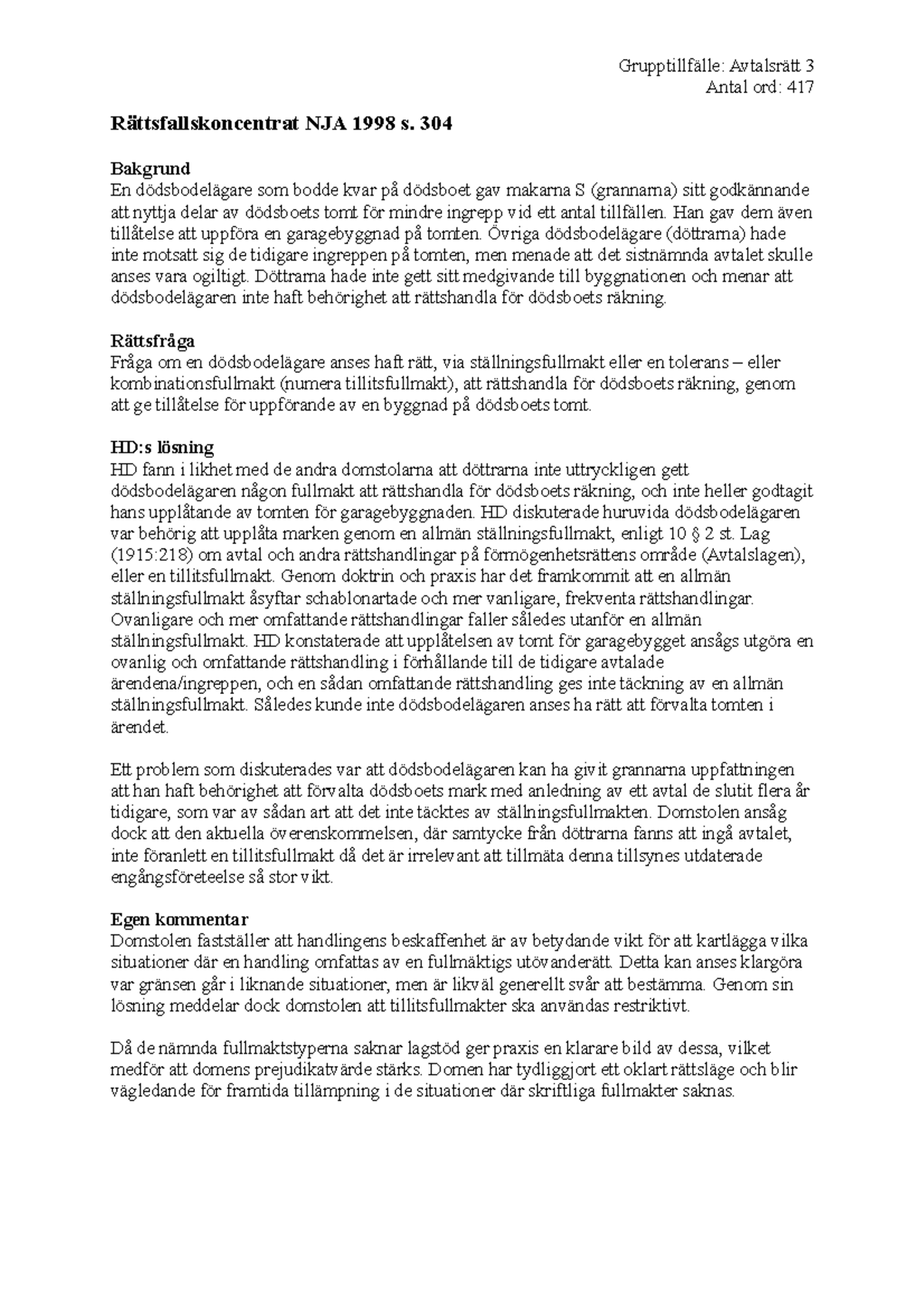 RFK NJA 1998 s.304 - Grupptillfälle: Avtalsrätt 3 Antal ord: 417 ...