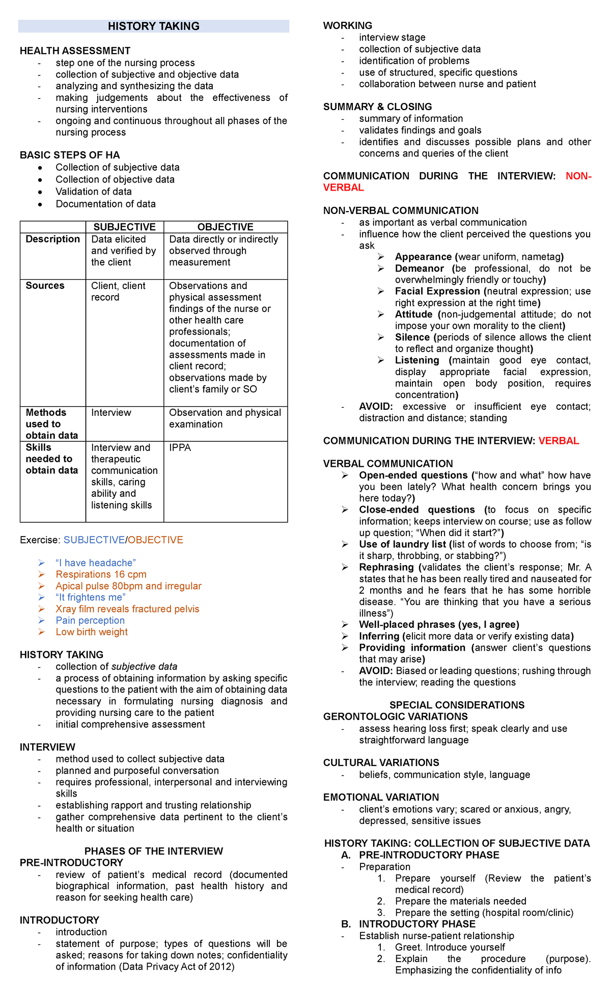 Reviewer-HA - HISTORY TAKING HEALTH ASSESSMENT step one of the nursing ...