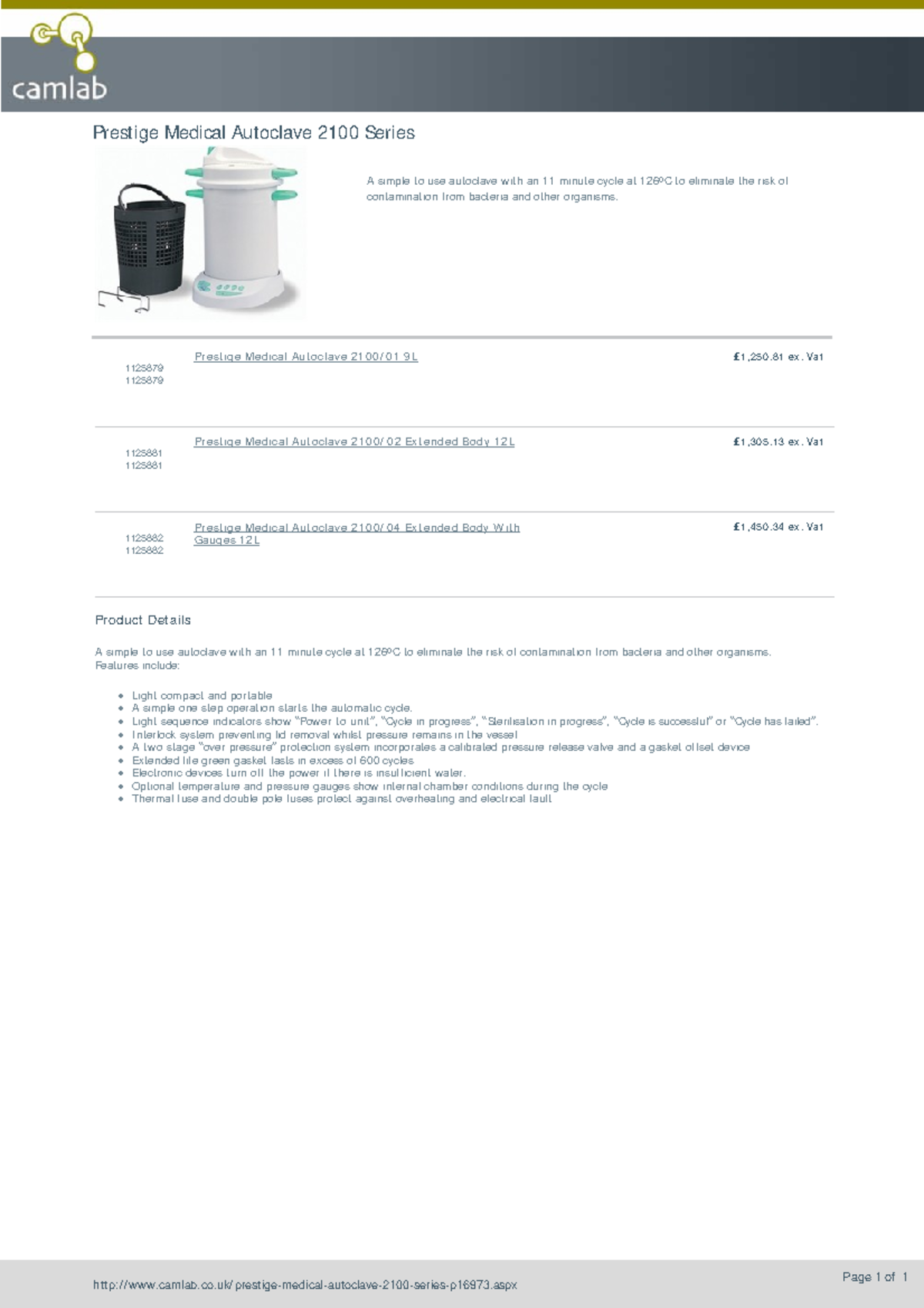 Camlab uk prestige medical autoclave 2100 series - Prestige Medical ...