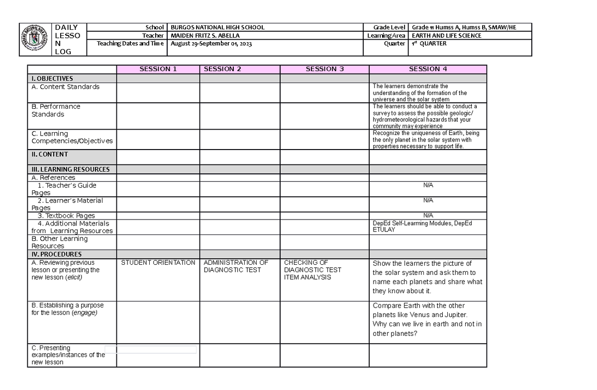 ELS DLL 1 new - Earth and Life Science DLL - DAILY LESSO N LOG School ...