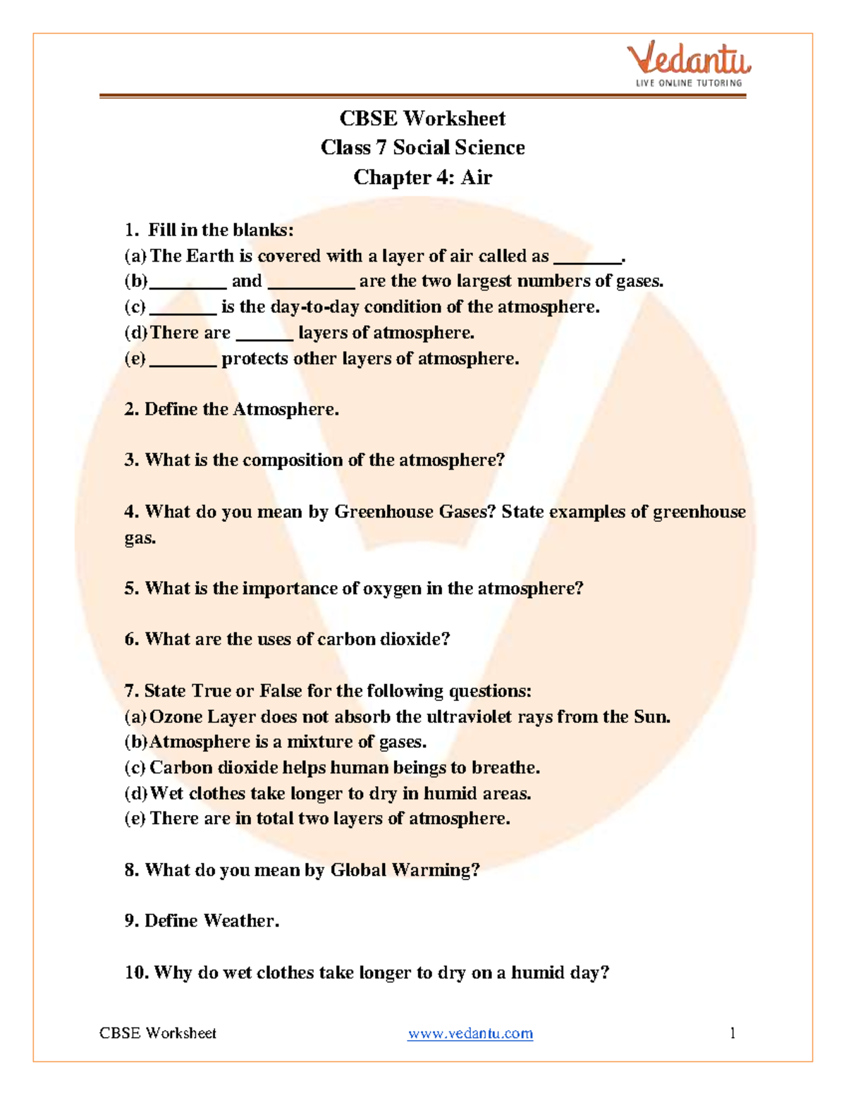 Class 7 geography air around us worksheets - CBSE Worksheet Class 7 ...