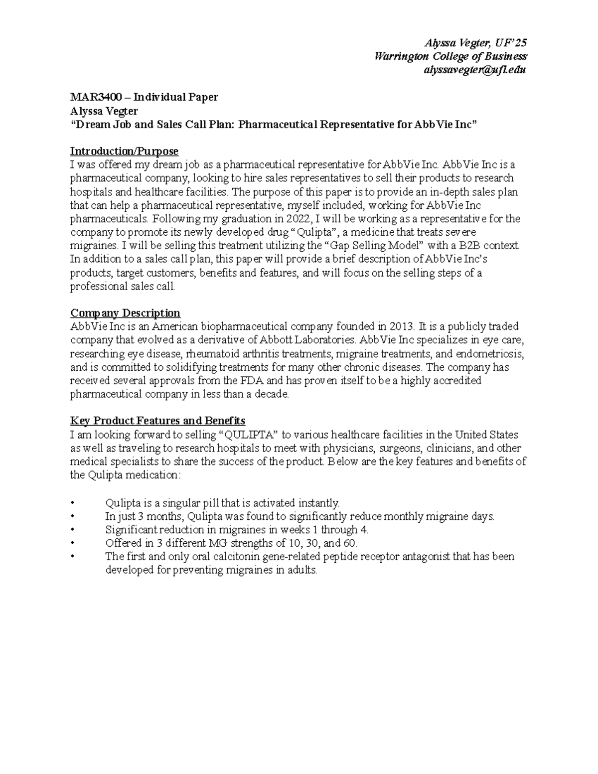 MAR3400 Individual Paper #1 - Warrington College of Business ...