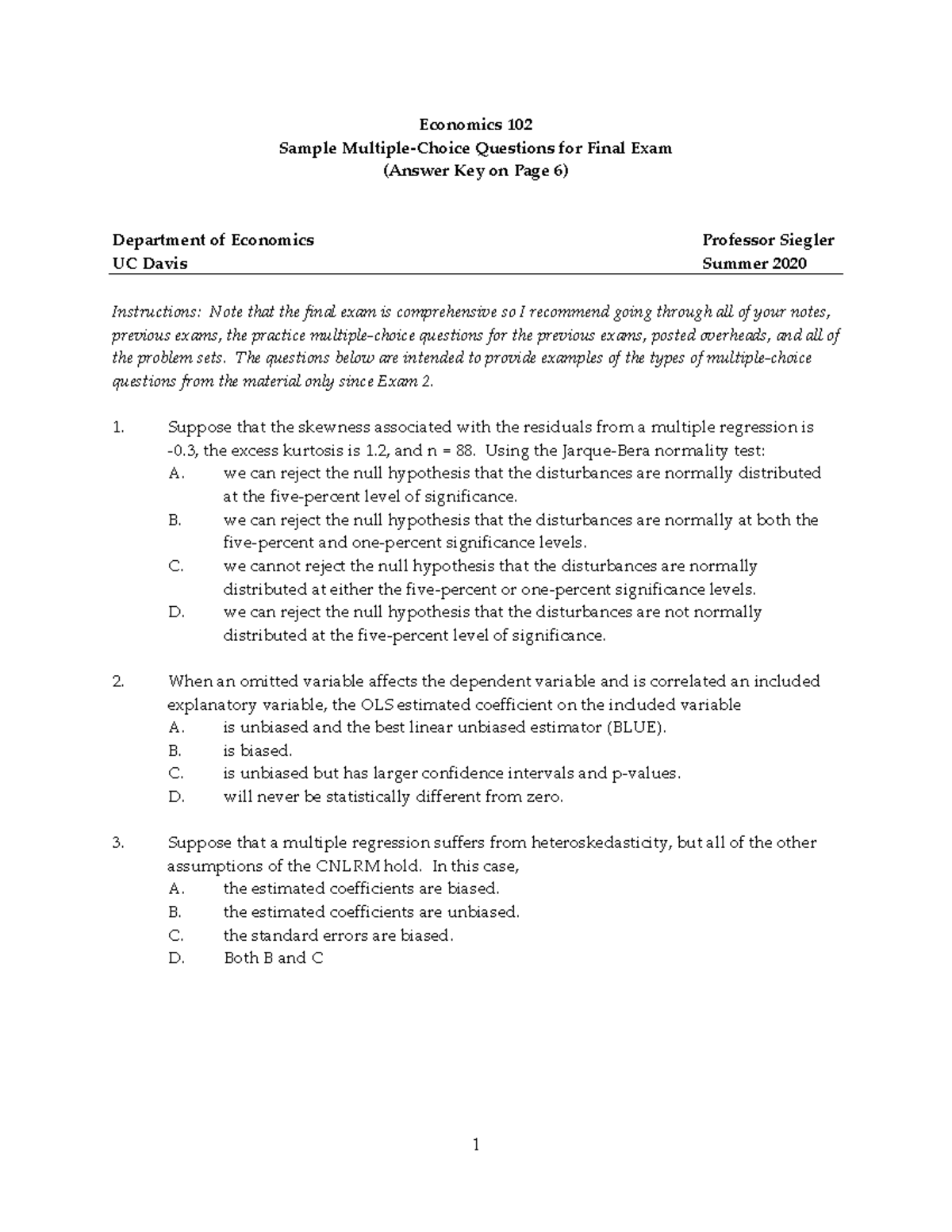Economics 102 Sample Multiple Choice Questions For Final Exam Su2020