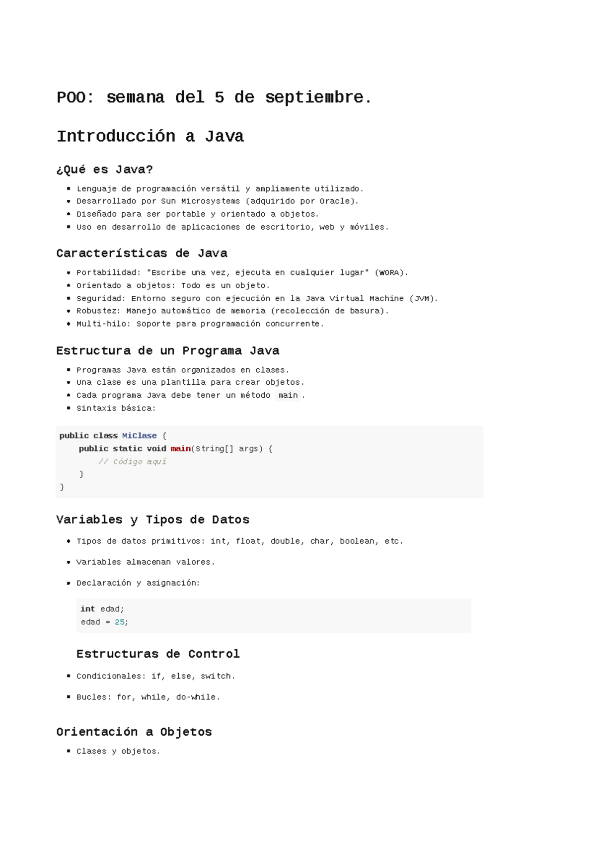 Clase S 21sep - POO: semana del 5 de septiembre. Introducción a Java ¿Qué es Java? Lenguaje de ...