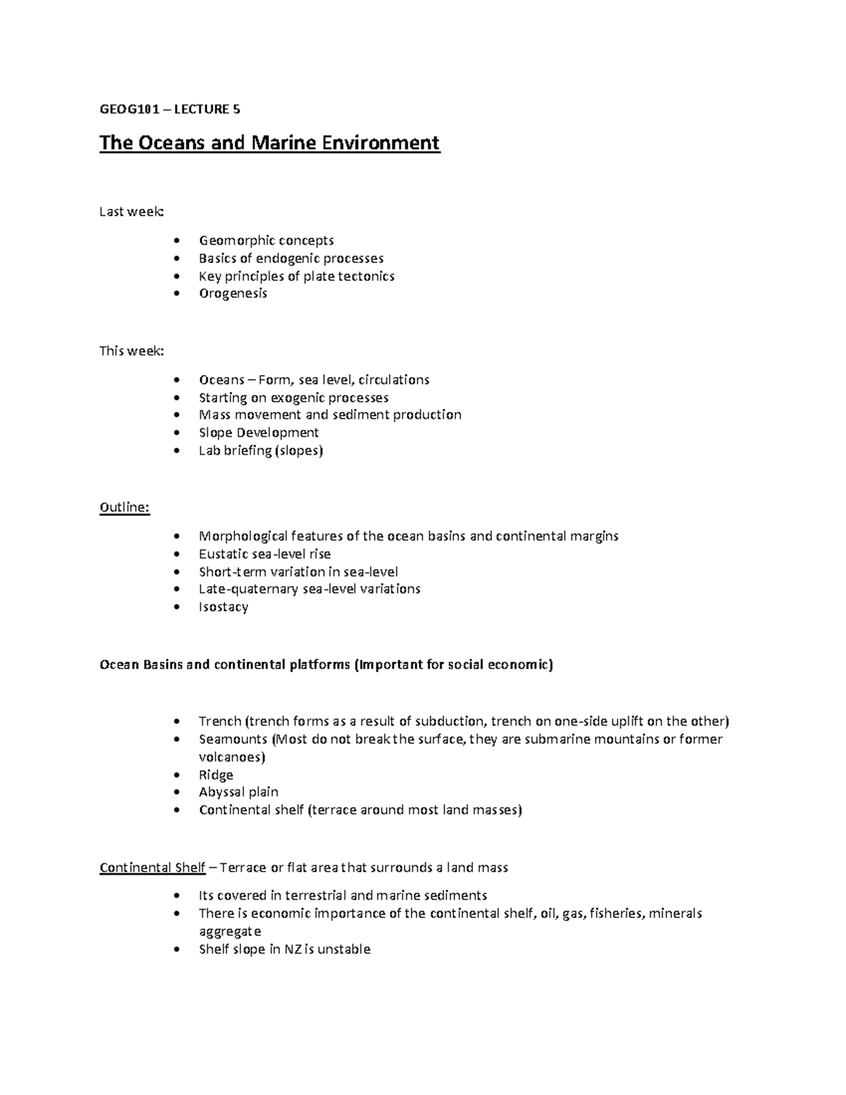Document 1 - Lecture 5 notes - GEOG101 – LECTURE 5 The Oceans and ...