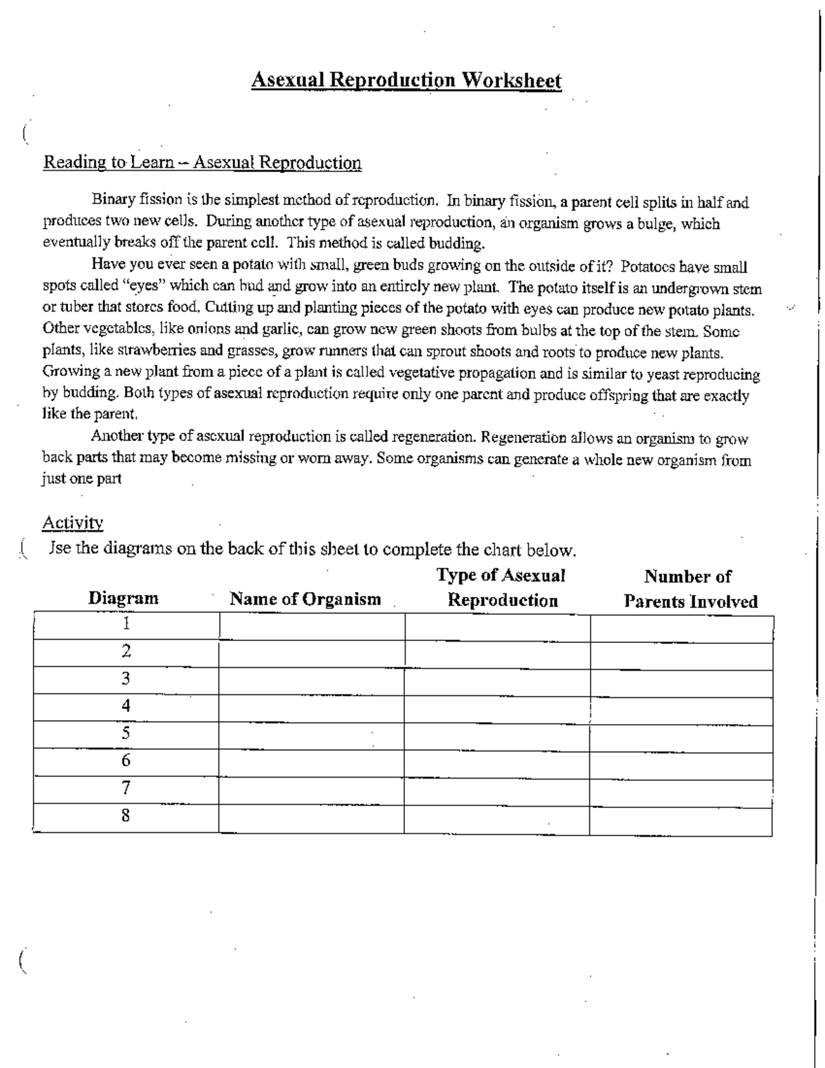 16Asexual Reproduction WKST - Asexual Reproduction Worksheet ( Reading ...