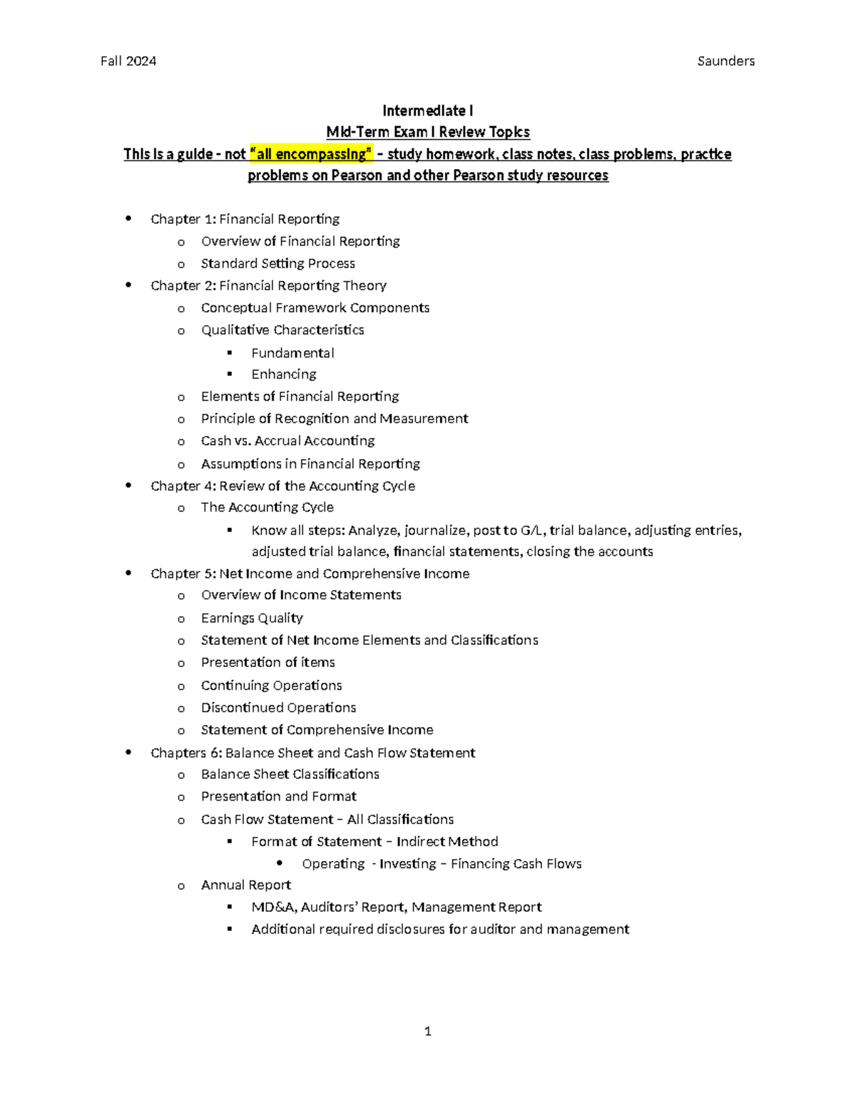 Intermediate I - Study Guide for Mid-Term Exam I - Fall 2024 Saunders ...