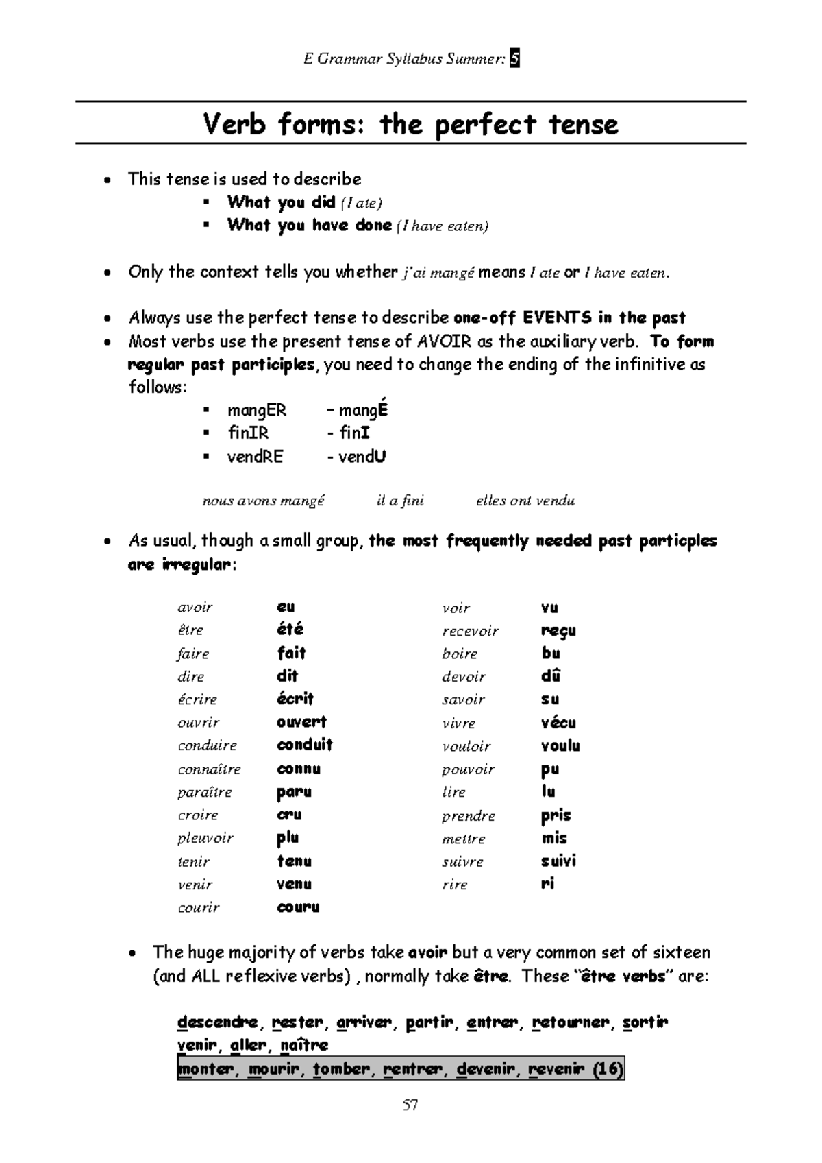 French notes summer - E Grammar Syllabus Summer: 5 Verb forms: the ...