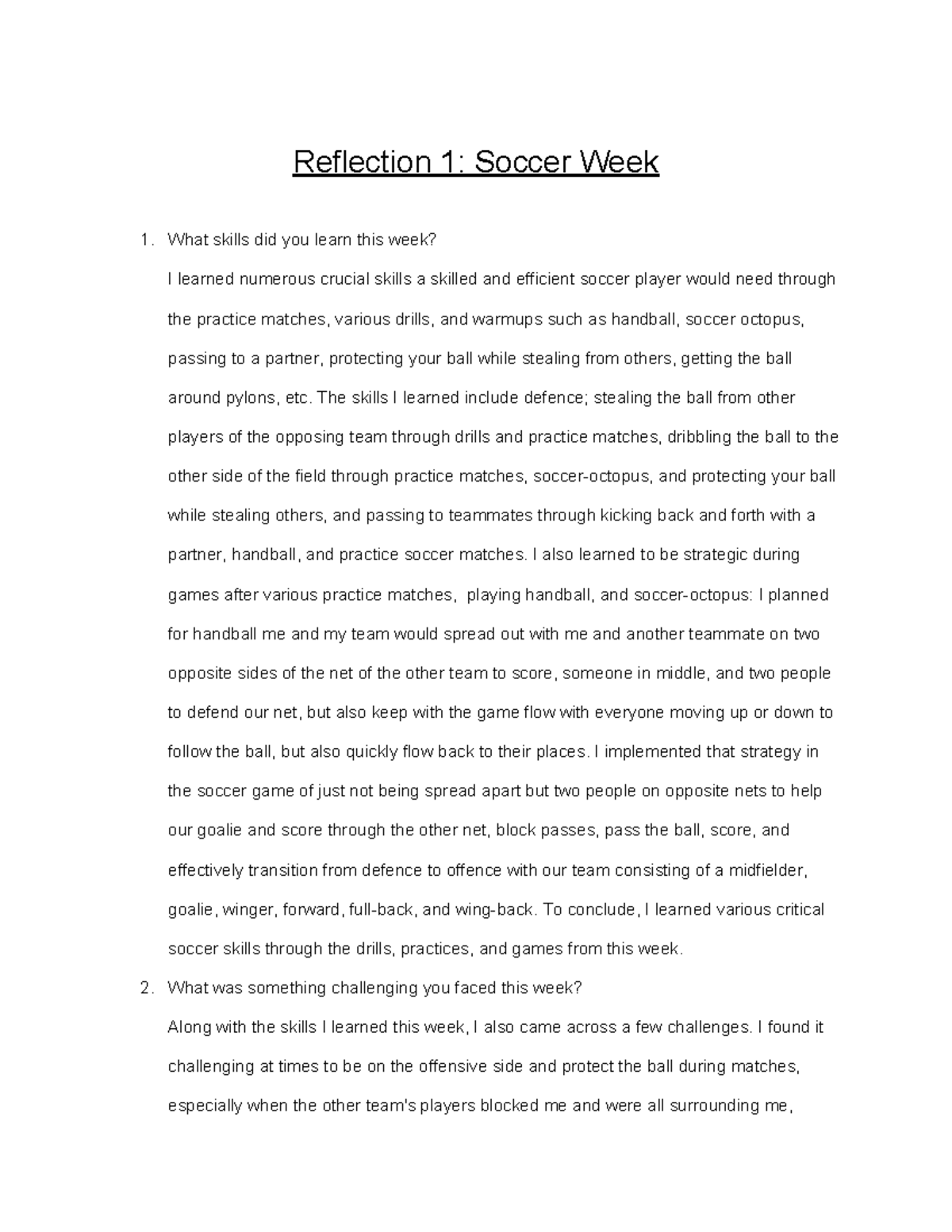 Reflection 1 Soccer Week - Reflection 1: Soccer Week What skills did ...