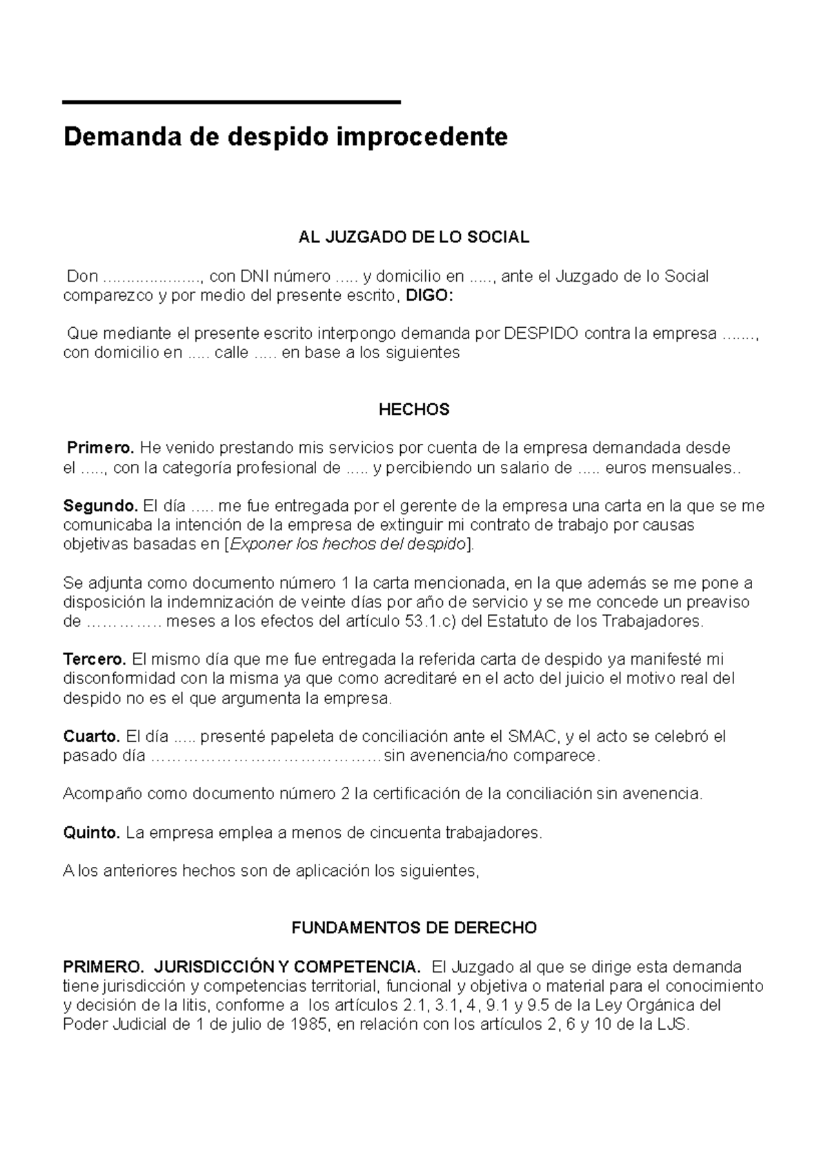 Demanda de despido improcedente - ...................., con DNI número ...