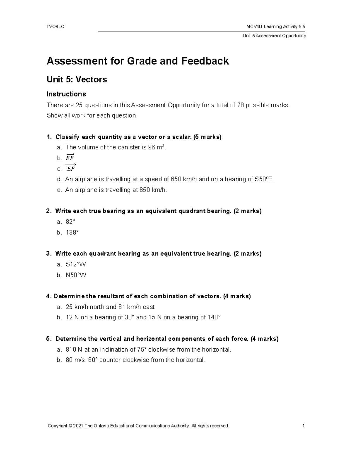 MCV4U 05 - info - TVO/ILC MCV4U Learning Activity 5. Unit 5 Assessment ...