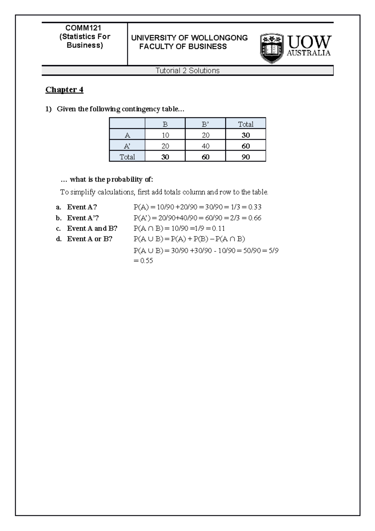 COMM121 T02 Solutions ch 4 and 5 - COMM (Statistics For Business ...