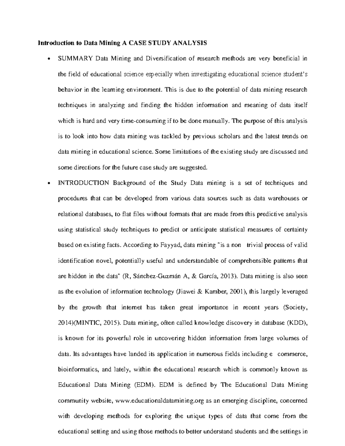 Introduction to Data Mining A CASE Study Analysis - Introduction to ...