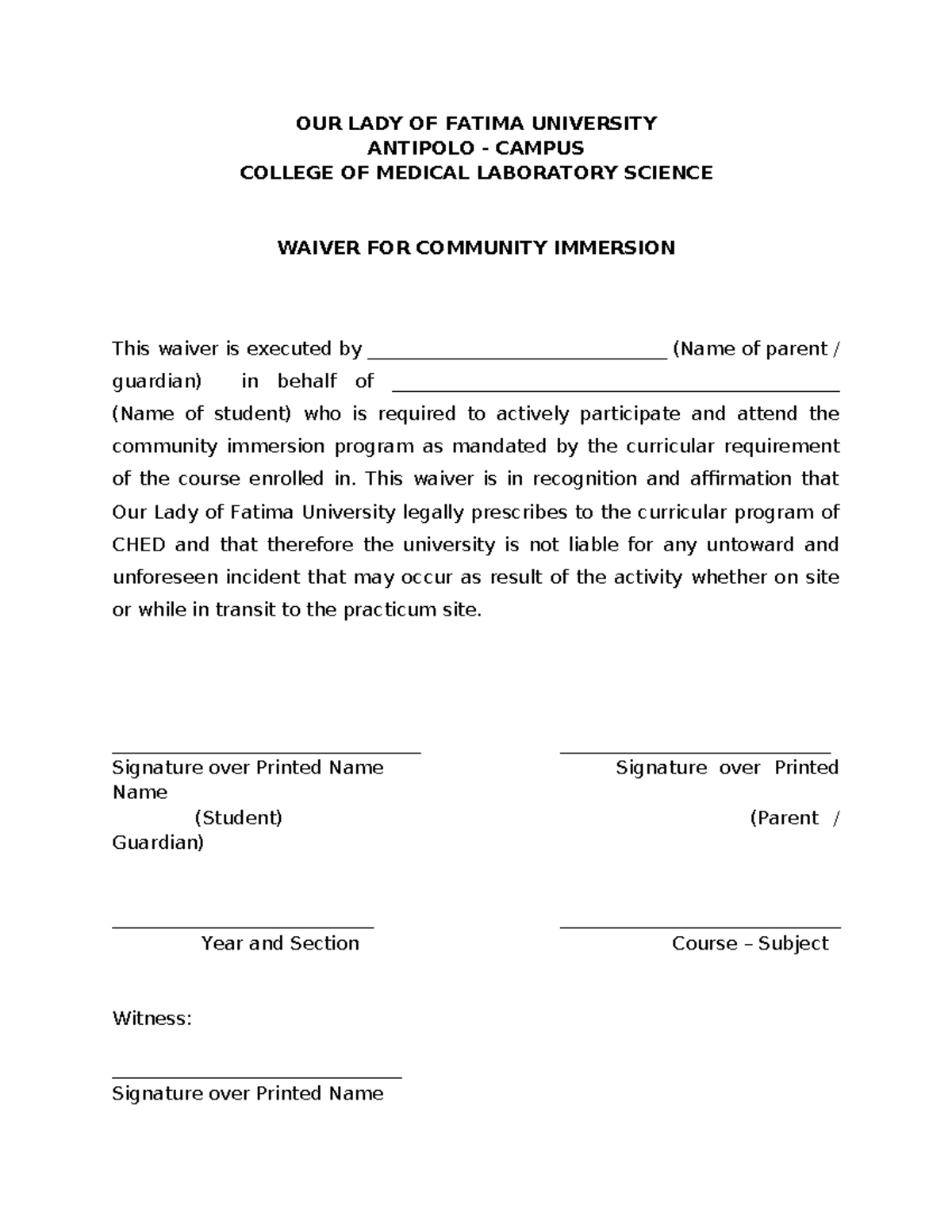 Waiver-cph - OUR LADY OF FATIMA UNIVERSITY ANTIPOLO - CAMPUS COLLEGE OF MEDICAL LABORATORY ...
