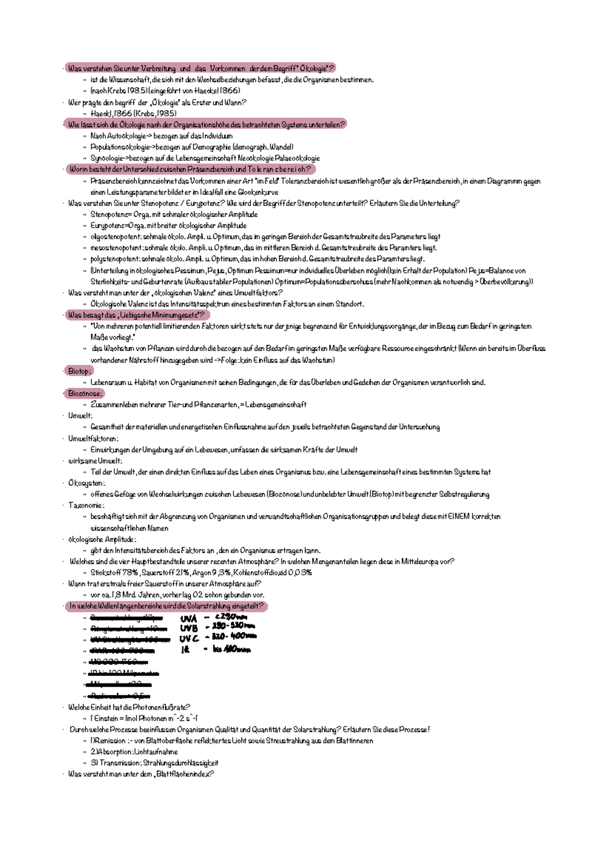 Ökologie - Klausurvorbereitung - Was verstehen Sie unter Verbreitung ...