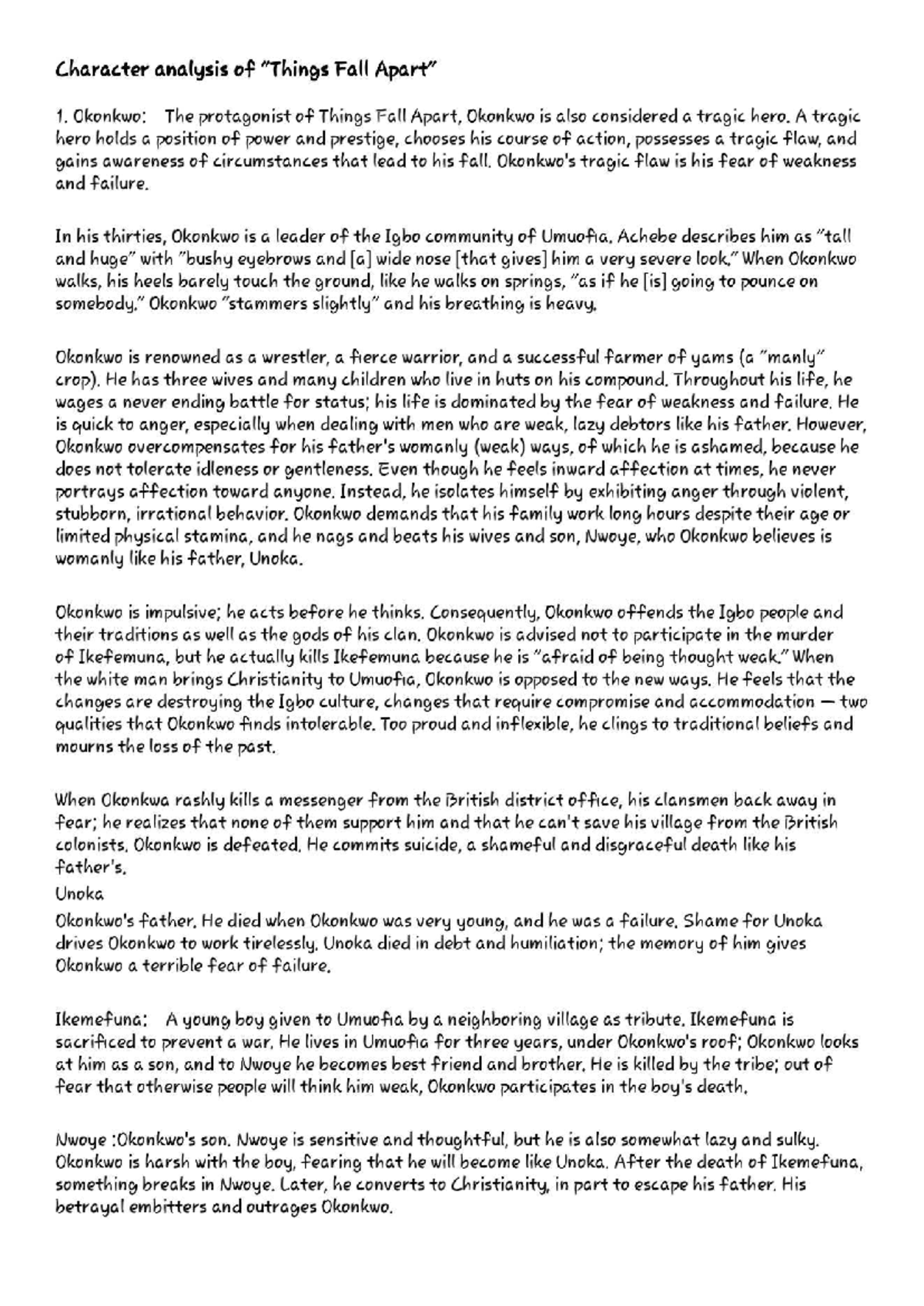 Character Analysis-Things Fall Apart - CBCS B.A.(HONS)ENGLISH - Studocu