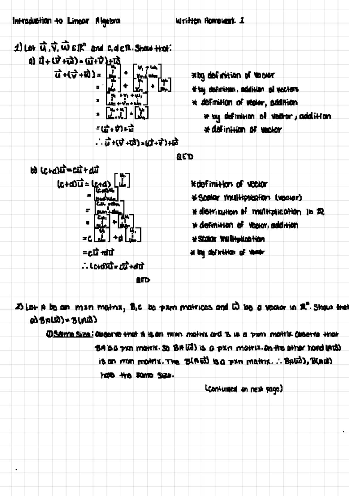 Written Homework 1 - proofs - Introduction to Linear Algebra Written ...