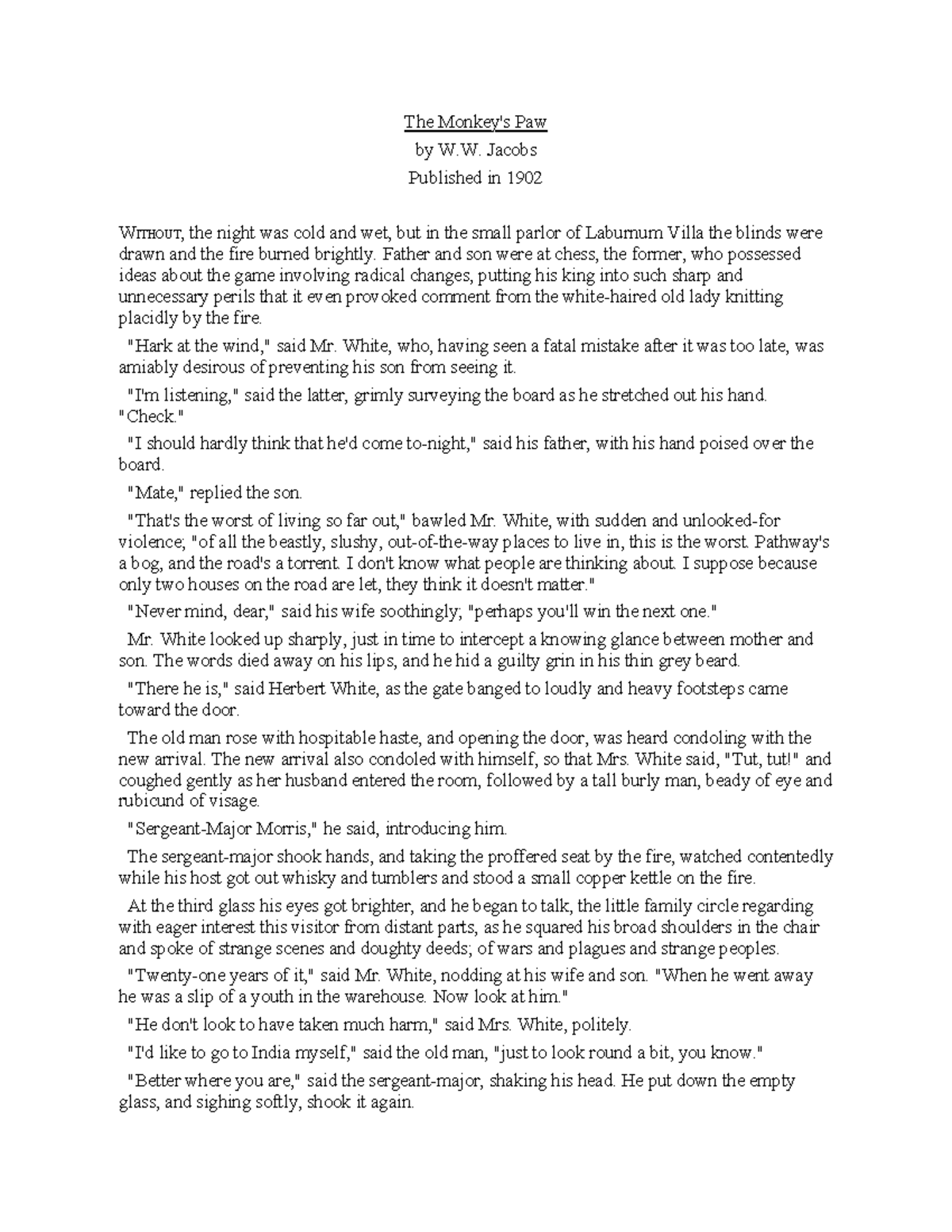 The Monkeys Paw - summary - The Monkey's Paw by W. Jacobs Published in ...