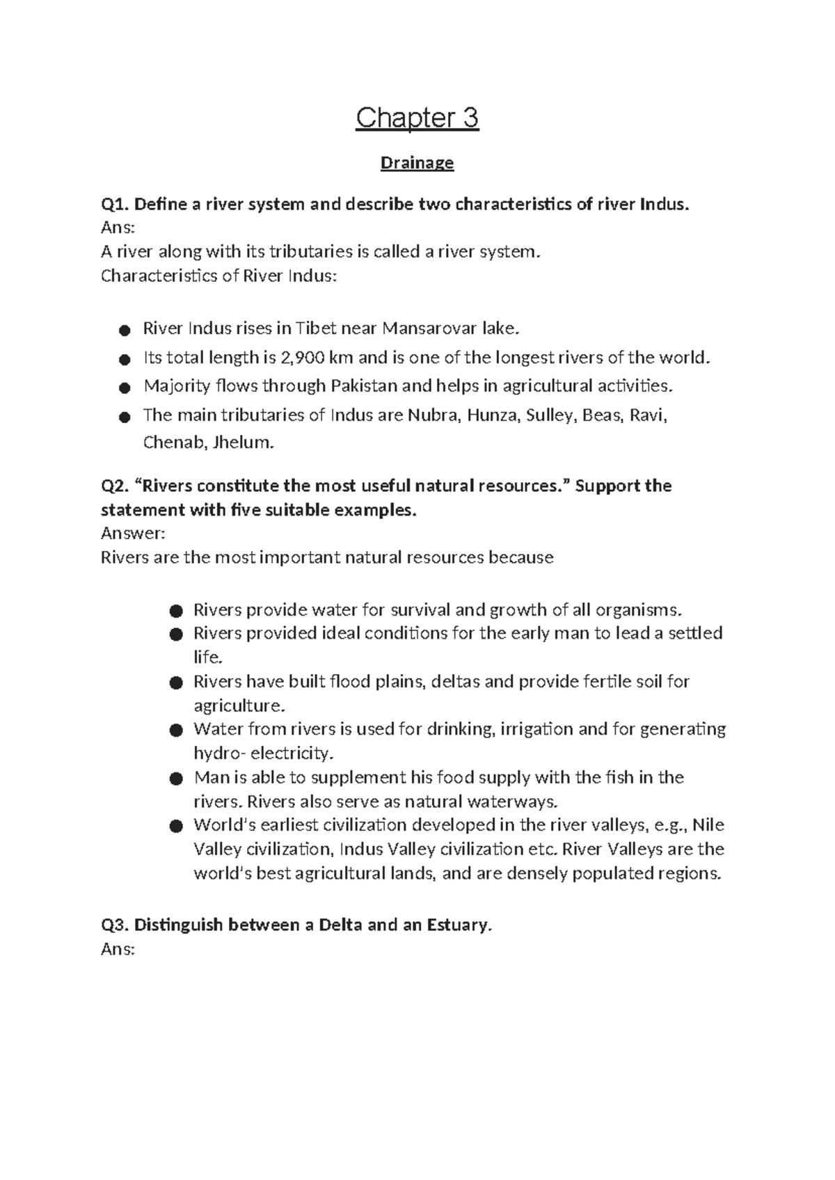 Chapter 3- Drainage notes - Chapter 3 Drainage Q1. Define a river ...