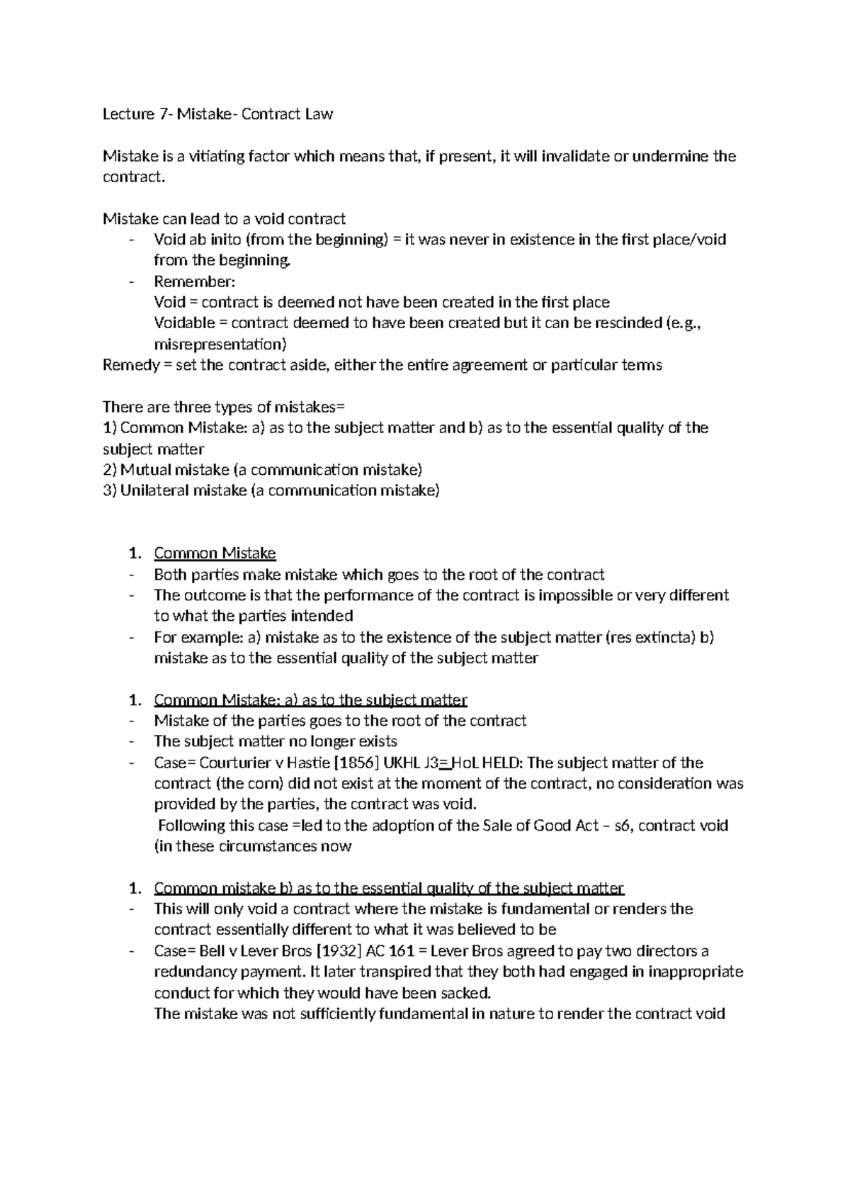 Lecture 7- mistake- contract law - Lecture 7- Mistake- Contract Law ...