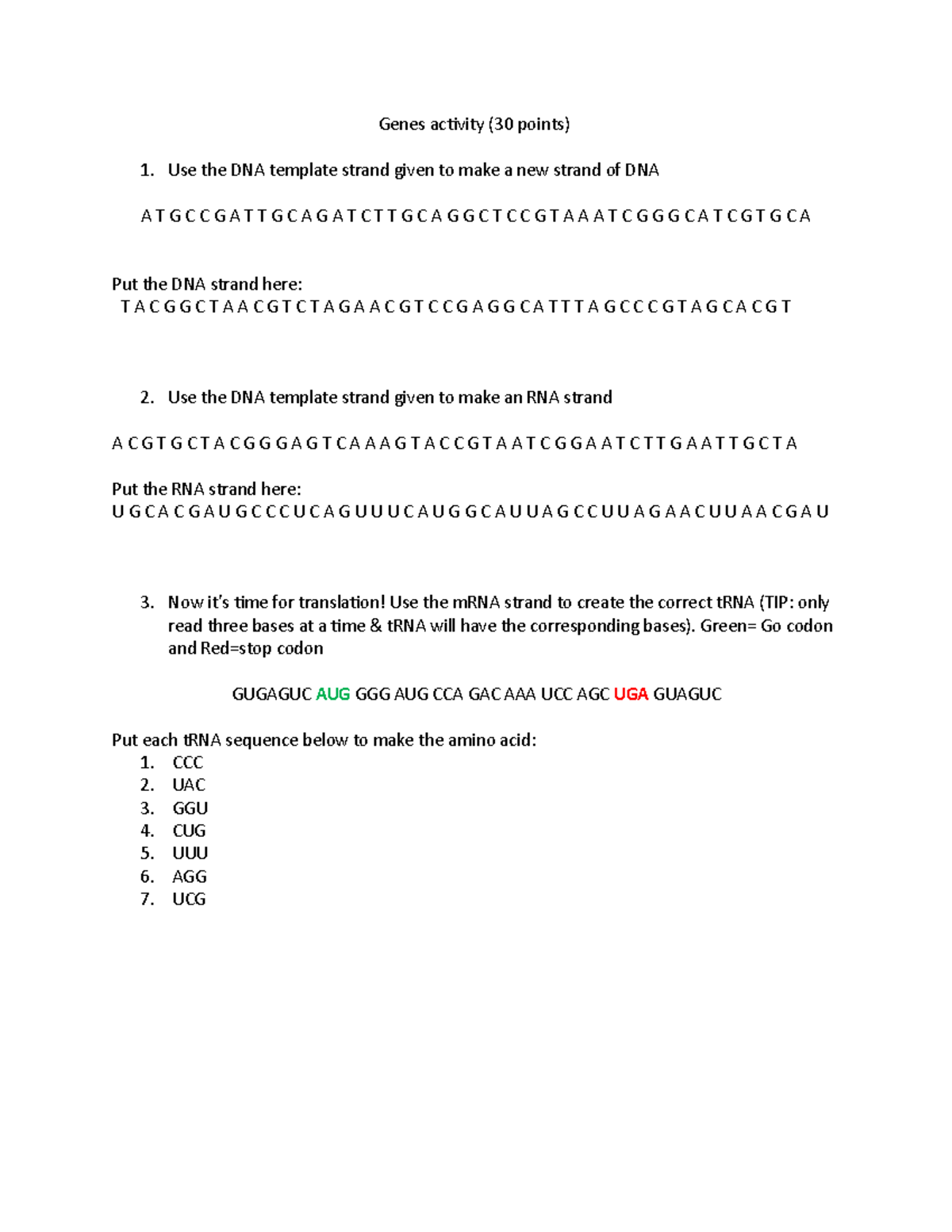 Genes activity Makeup - Bio notes - Genes activity (30 points) Use the ...