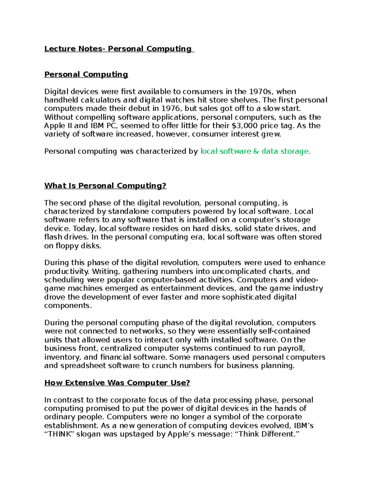 Personal computing (CSC) - Lecture Notes- Personal Computing Personal ...