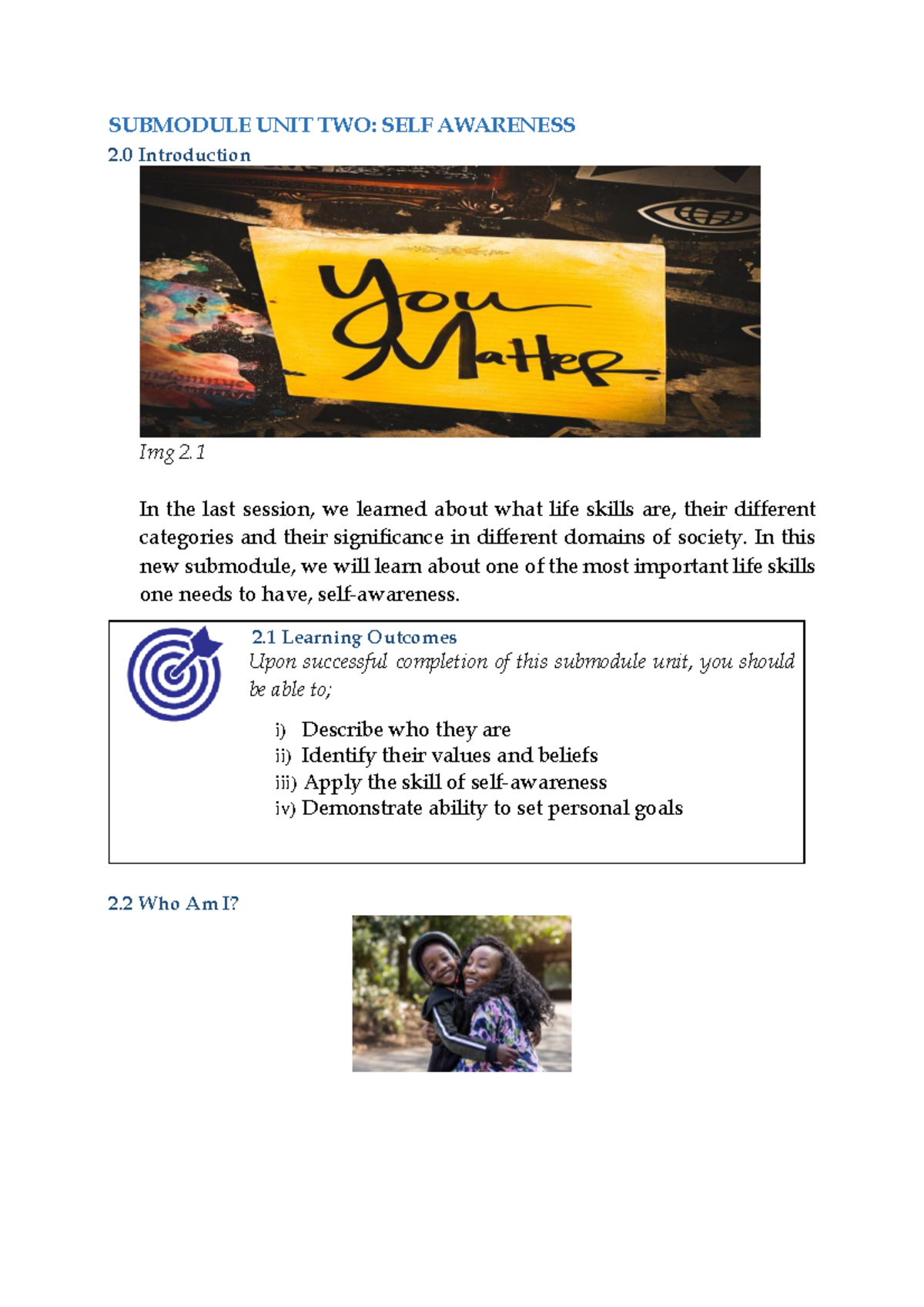 Pdf File - CLEAR - SUBMODULE UNIT TWO: SELF AWARENESS 2 Introduction Img 2. In the last session ...