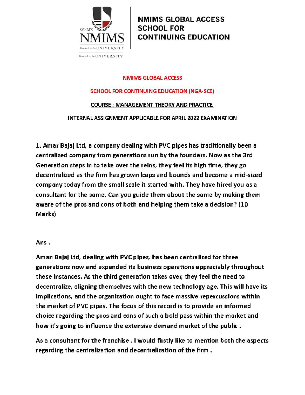 Management theorhy - assignment - NMIMS GLOBAL ACCESS SCHOOL FOR ...