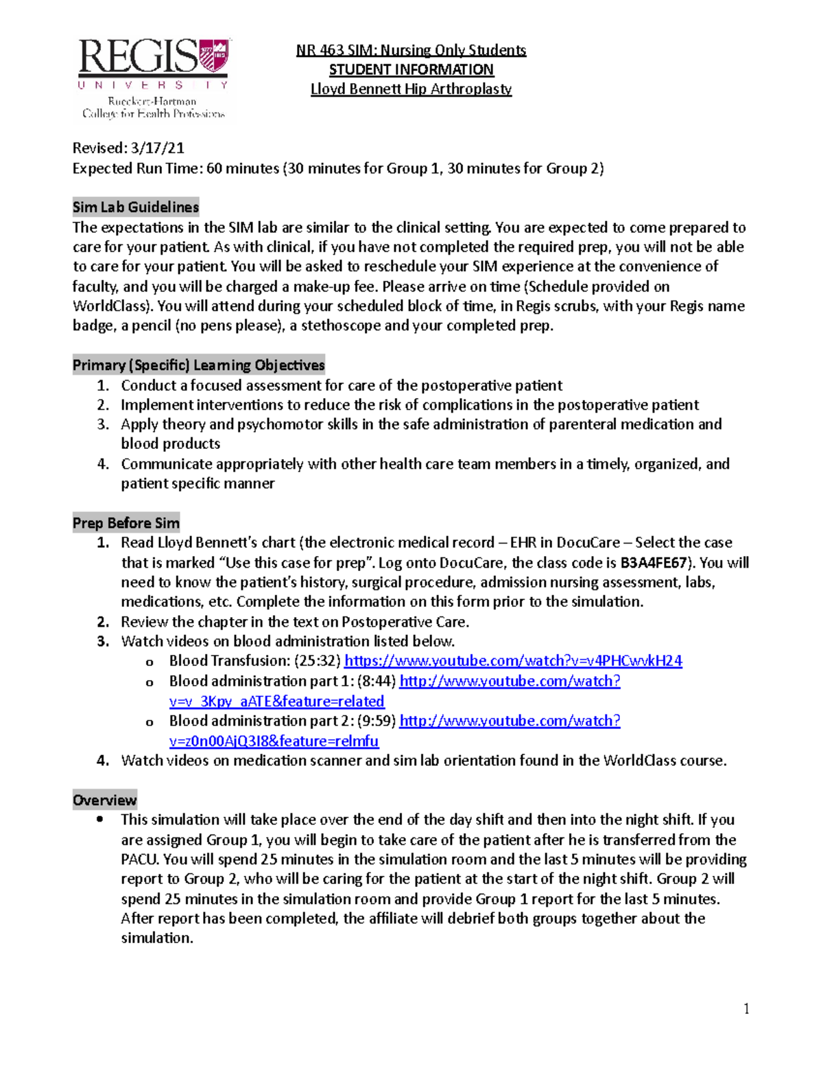 NR 463 Bennett Marinovich - NR 463 SIM: Nursing Only Students STUDENT ...