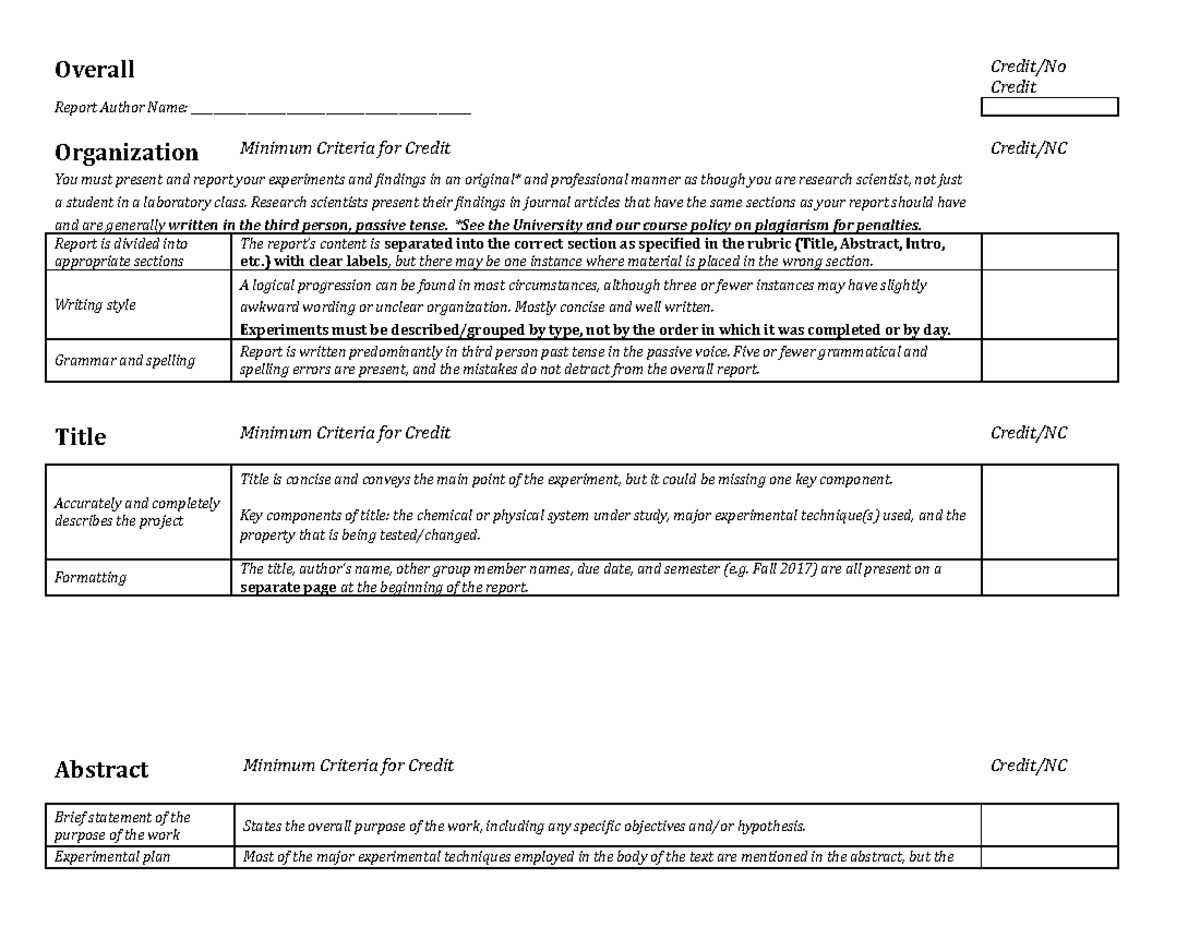 Formal Report Rubric for Formal Lab Reports - Overall Credit/No Credit ...