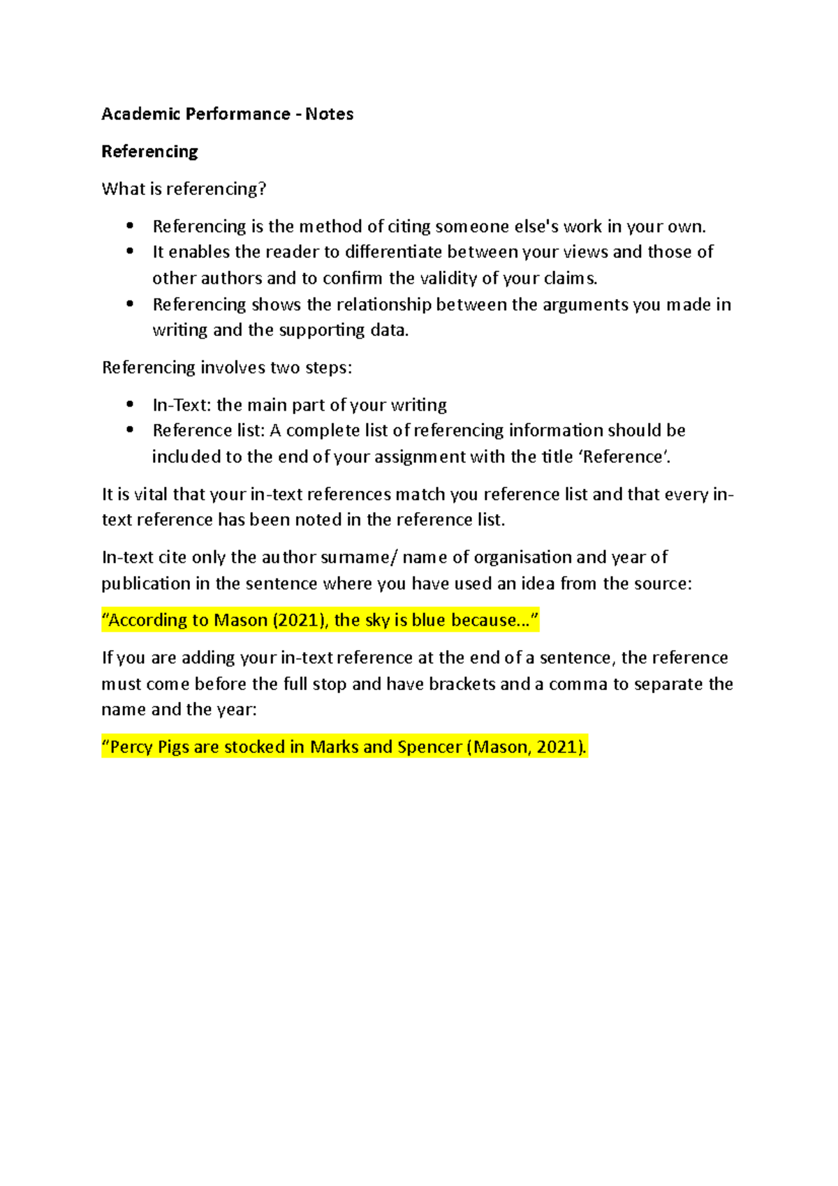 Refencing notes - Academic Performance - Academic Performance - Notes ...