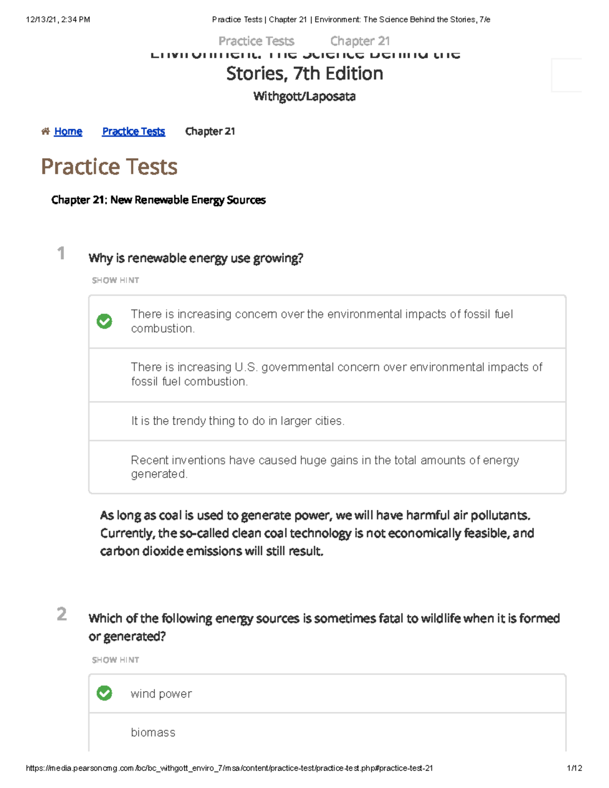 Practice Tests Chapter 21 Environment The Science Behind the Stories, 7 ...
